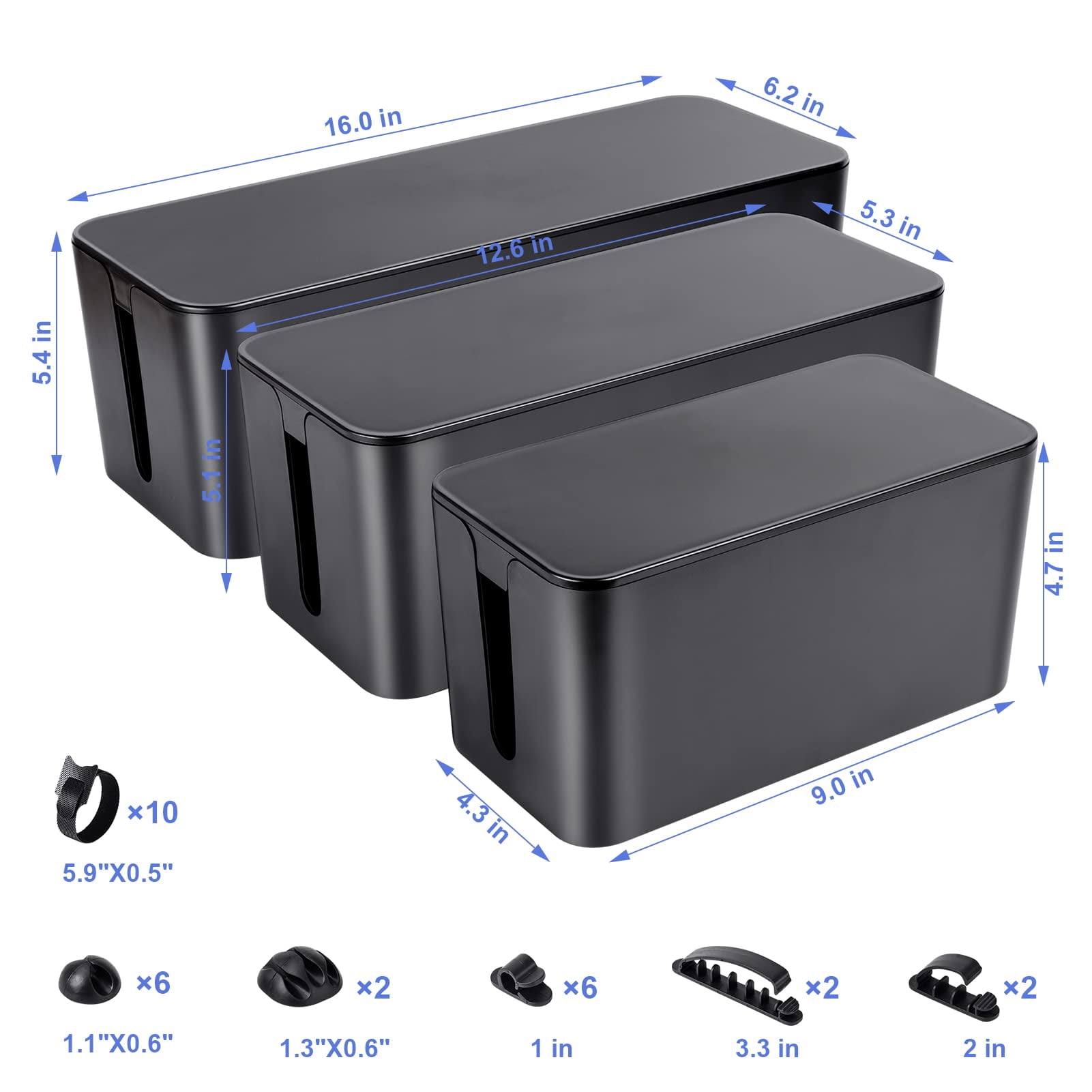 Black Cable Organizer Box Set Of Three Power Cord Holder For Desk ...