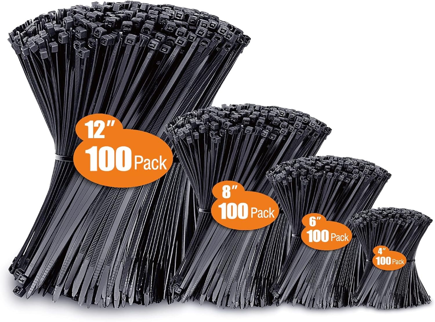 Black Cable Ties Assorted Sizes 4" 6" 8" 12", 400 Pack, UV Resistant ...