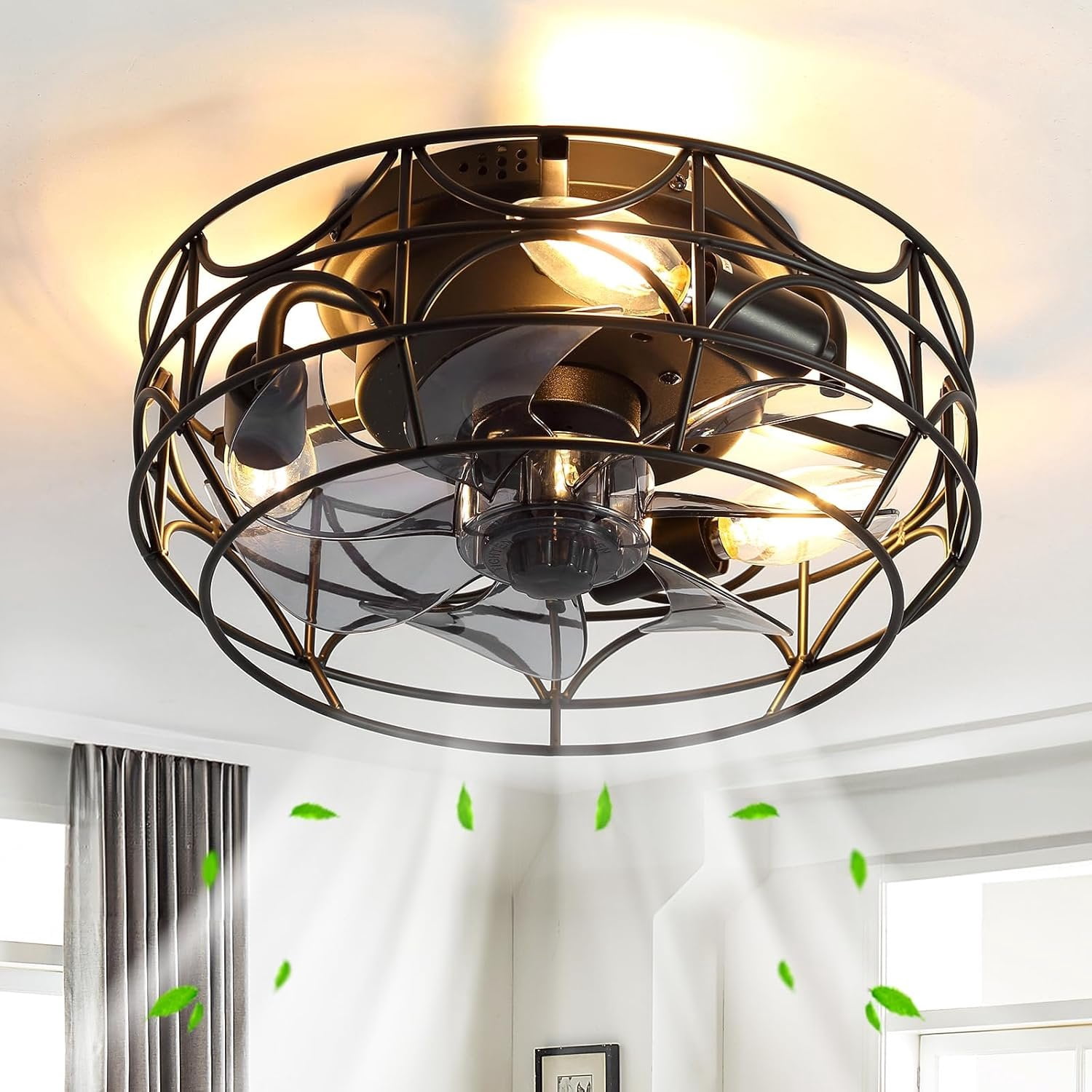 Black Caged Ceiling Fans with Lights and Remote,6 Speeds,12 inch ...