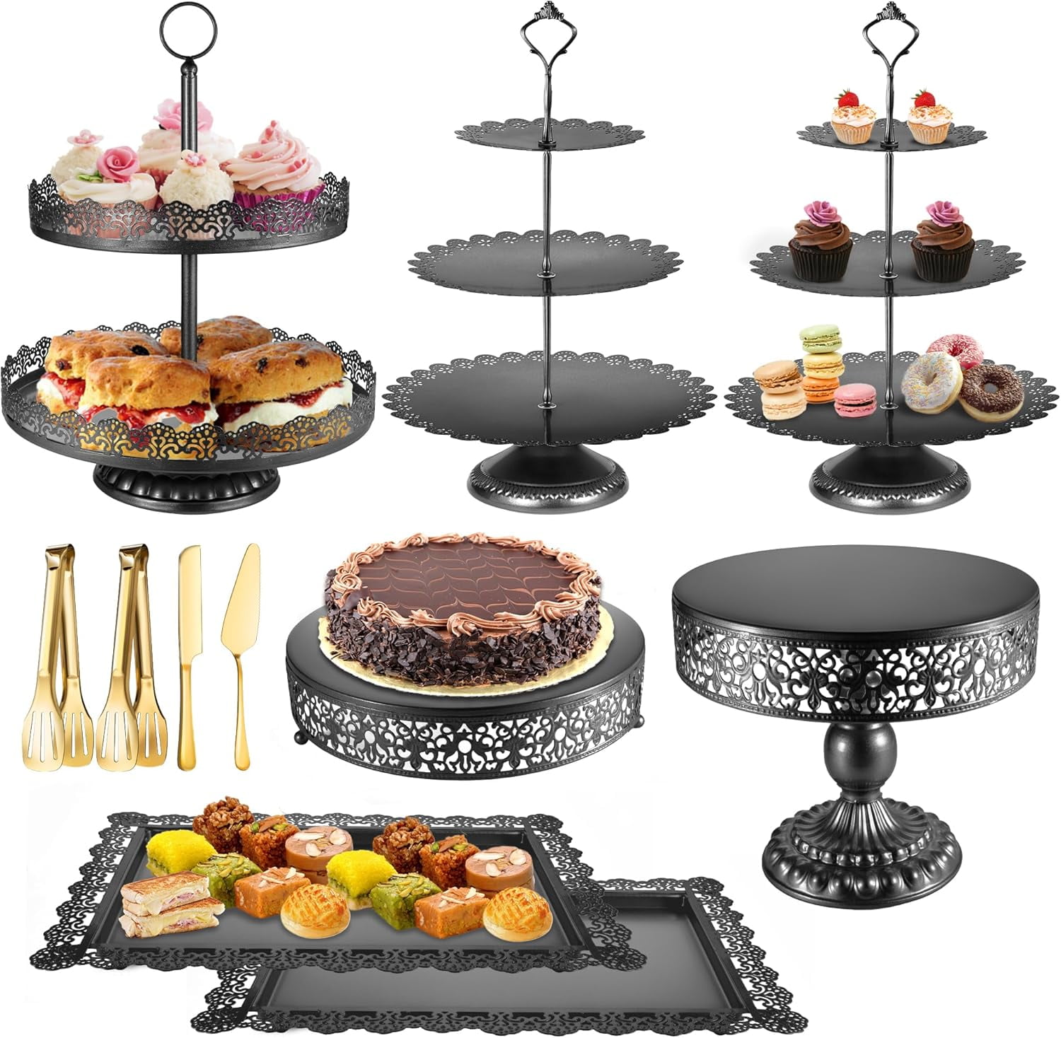 Black Cake Stand, Dessert Table Display Set Metal Tiered Cupcake Holder ...