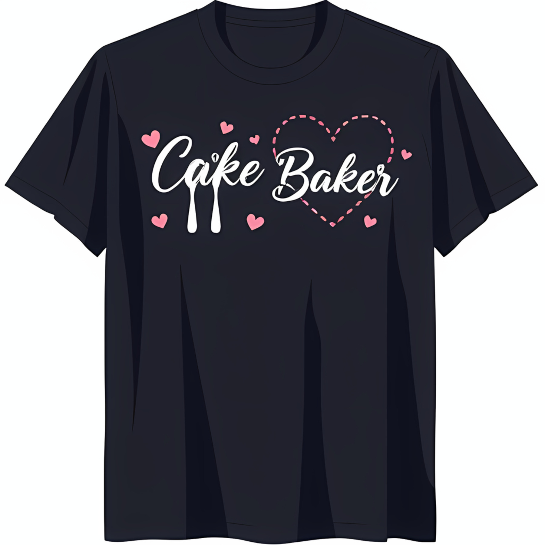 Black 'Cake ' T-Shirt with White Cursive Text & Pink Heart Design Cute ...