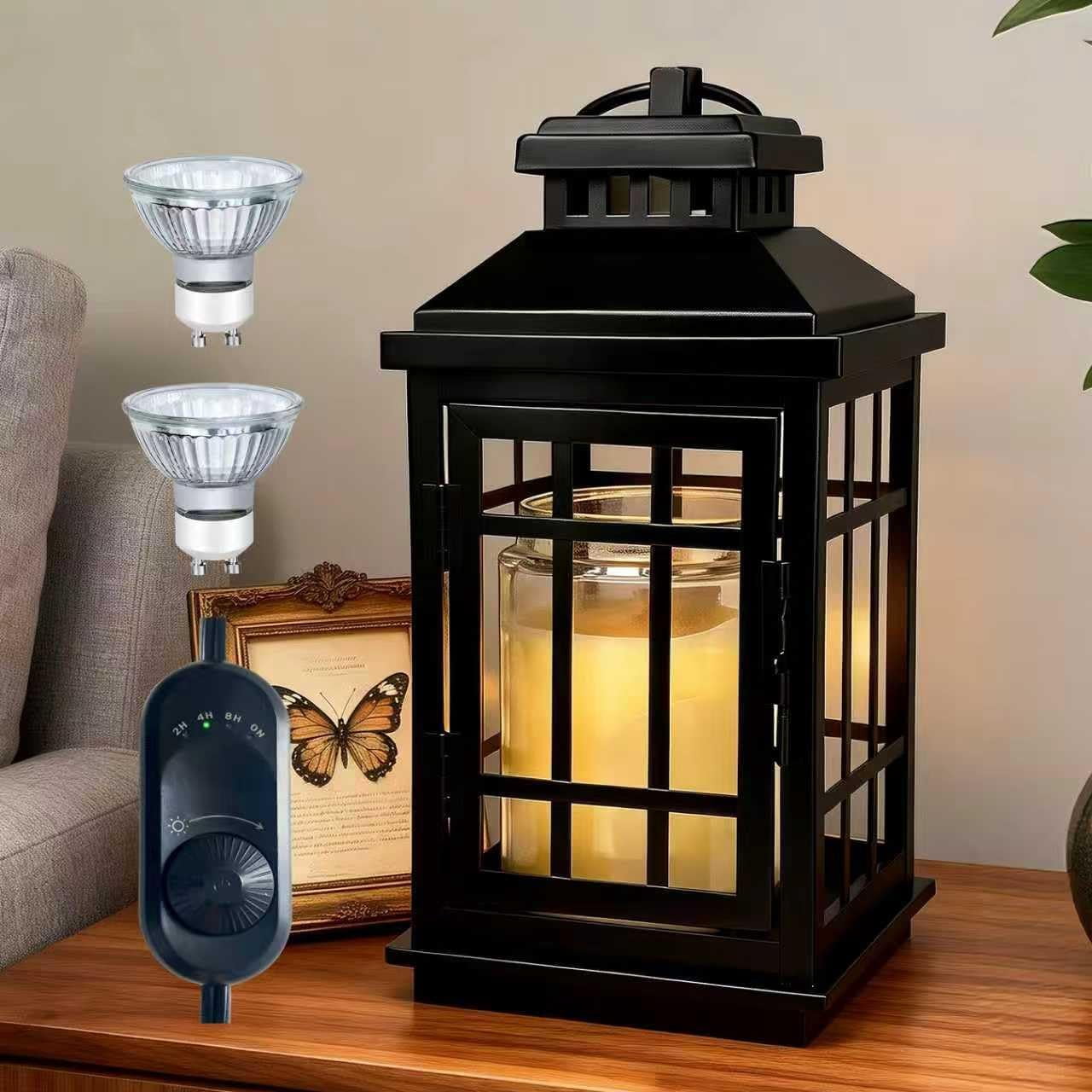 Black Candle Warmer Lamp with Timer - Flameless Enclosed Lantern Style ...