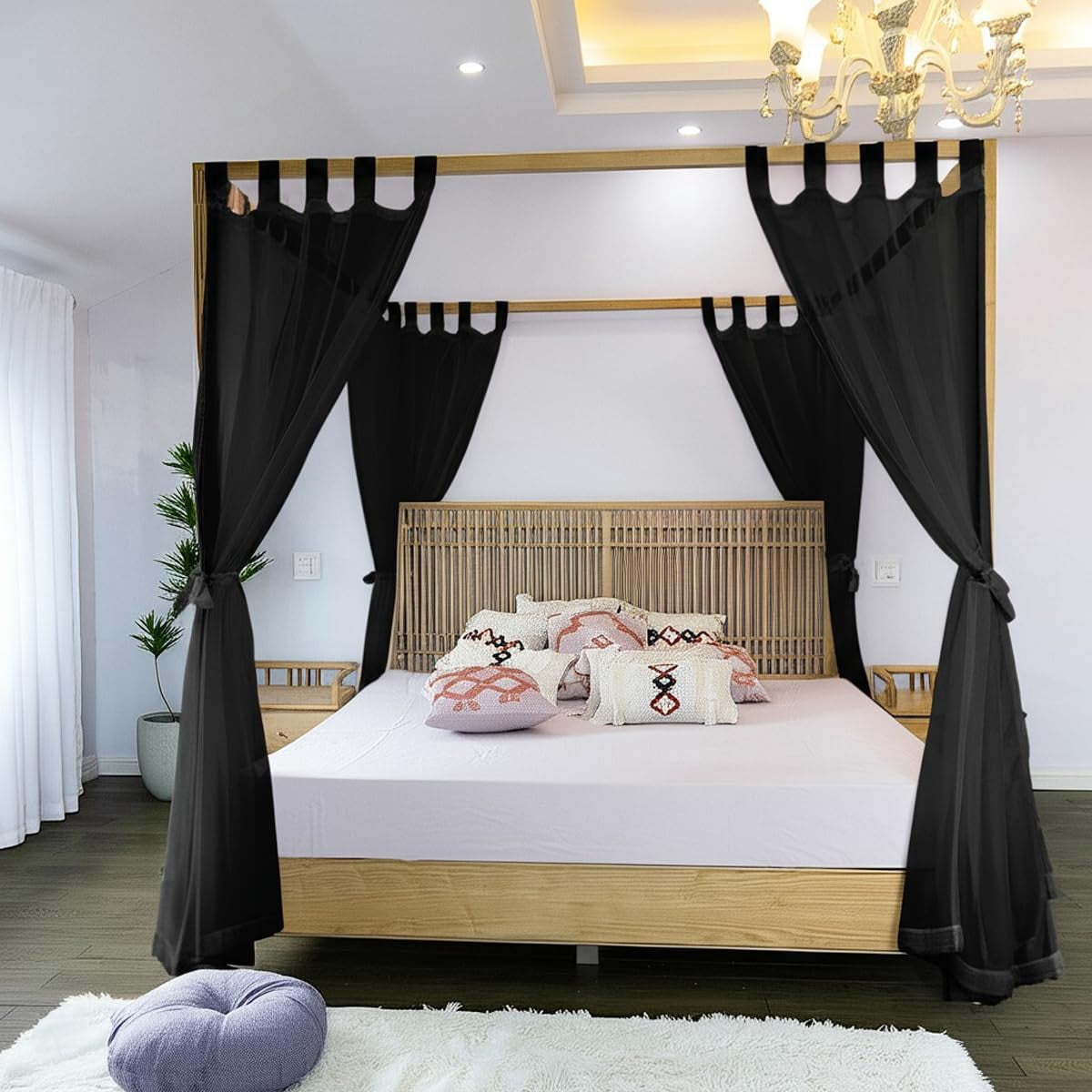 Black Canopy Bed Curtains - 8 Panels Set with Easy Open/Close Tabs for ...