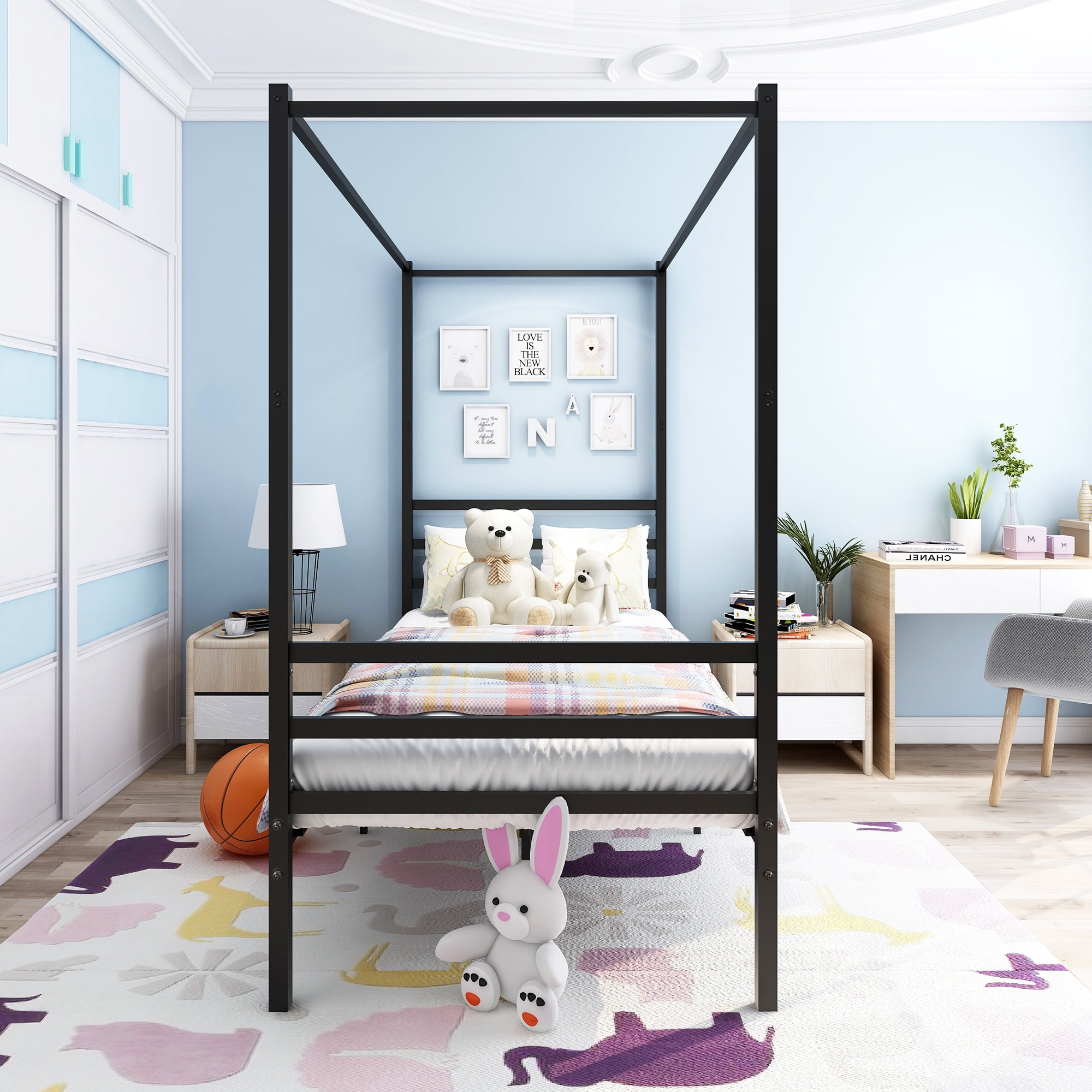 Black Canopy Bed Frame, Twin Size Metal Bed with Headboard&Footboard ...