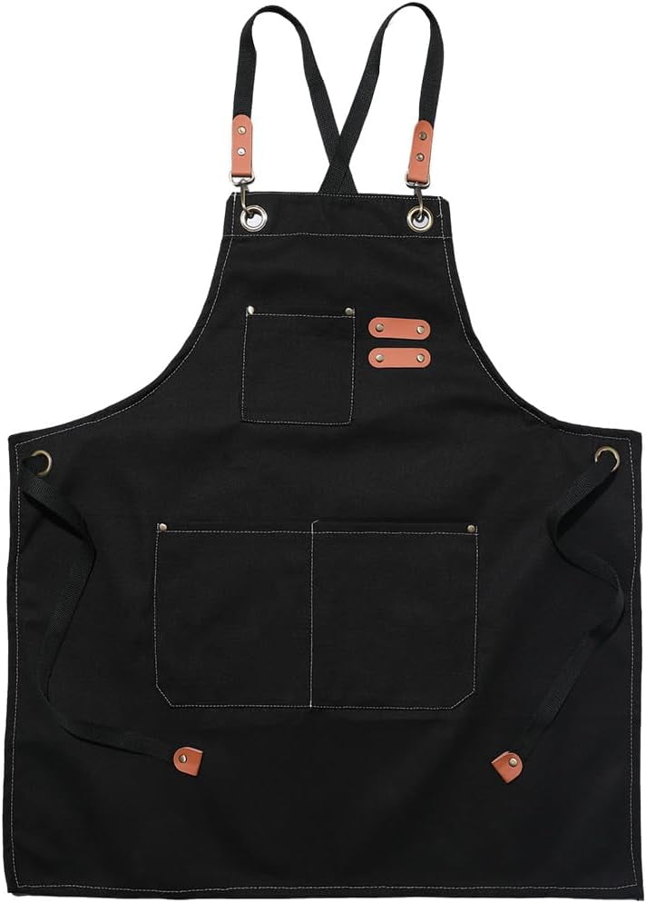 Black Canvas Cotton Apron Back Straps Adjustable Metal Loop With Large ...