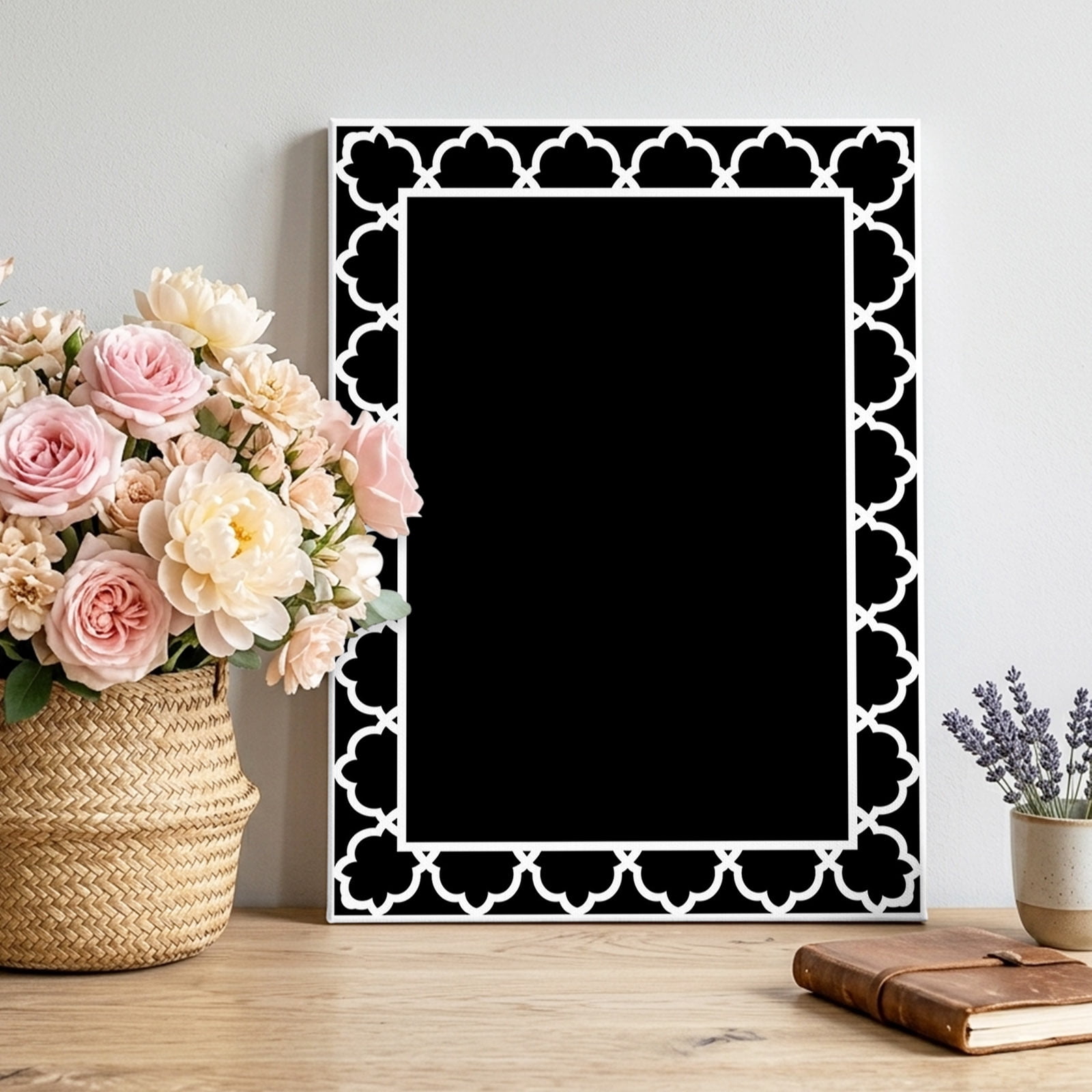 Black Canvas Wall Art for Living Room, Geometric Morocco Printed Border ...