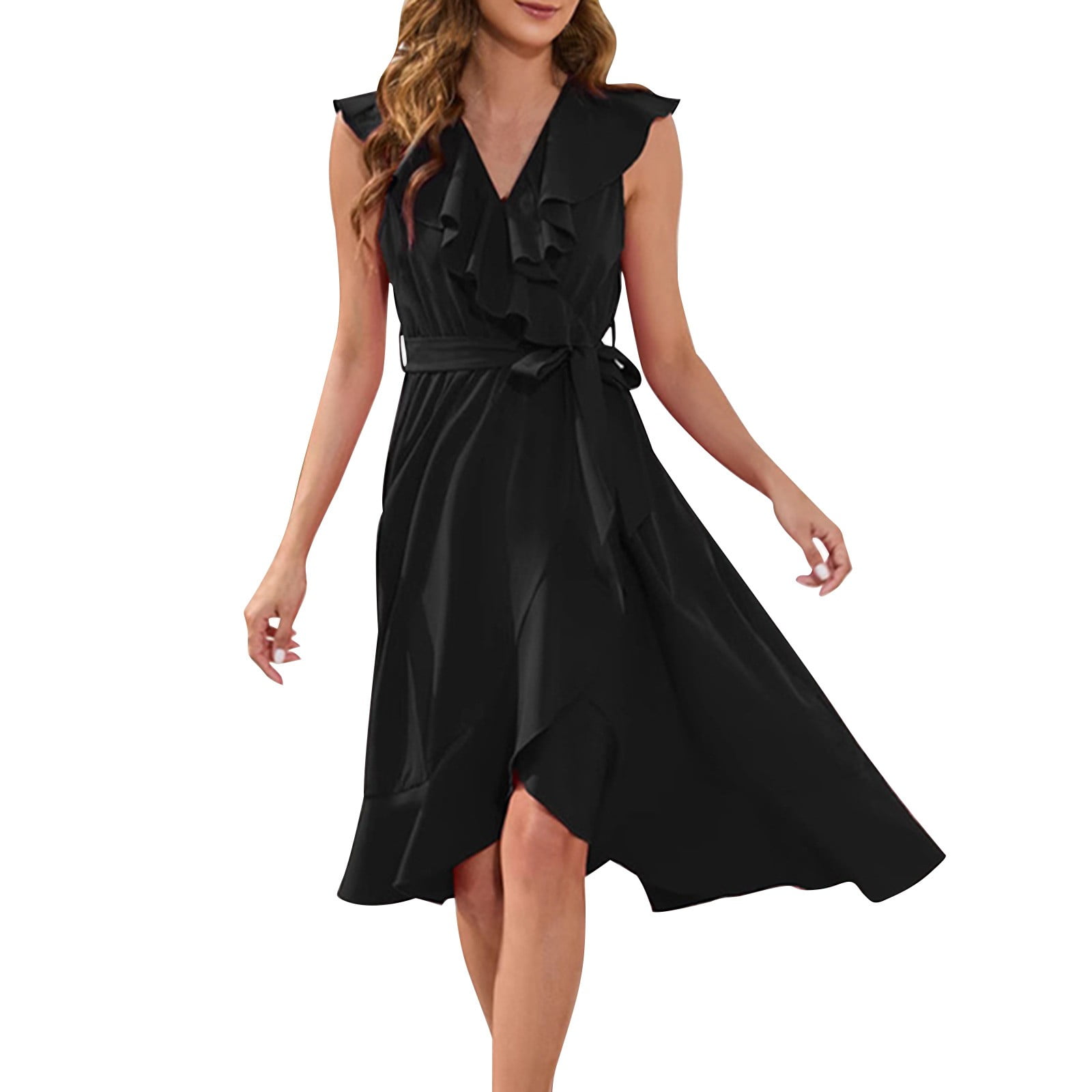 Black Cap Dresses for Women Fall Summer V Neck Faux Satin Midi Knee ...
