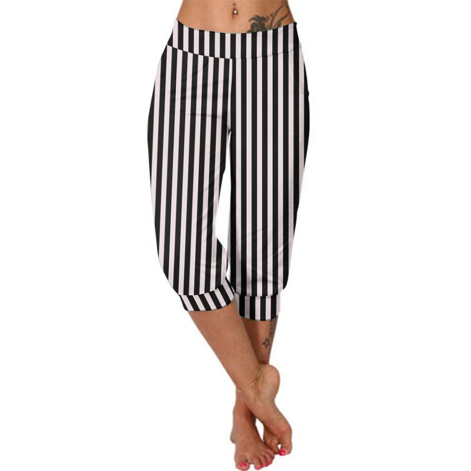 Black Capri Pleated High Leg Striped Sport Gym Lounge Jogger Going Out ...