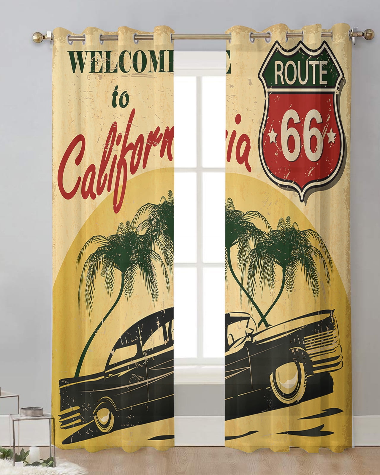 Black Car Green Coconut Tree Yellow Sun Tulle Drapes Living Room Sheer ...