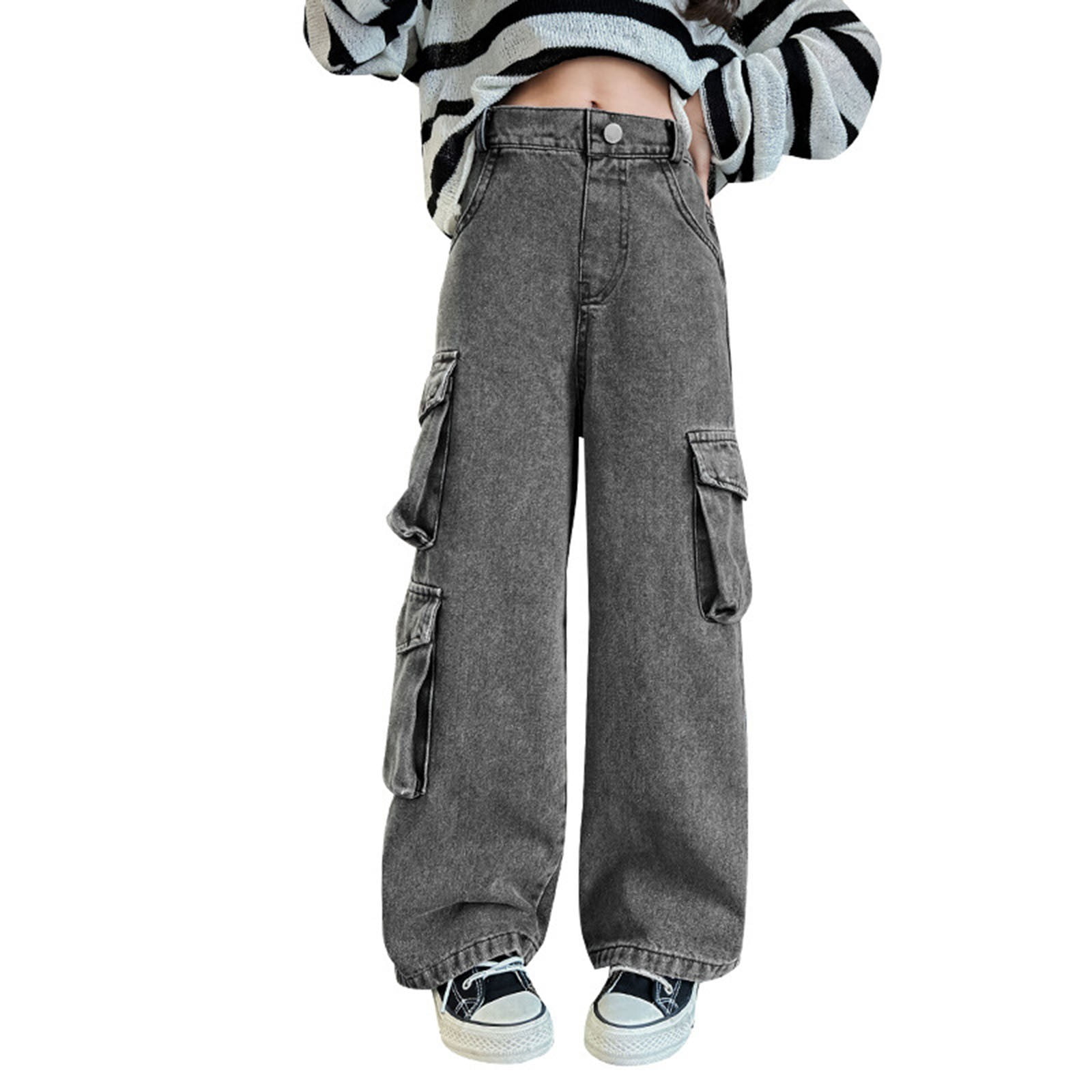 Black Cargo Pants Juniors Girls Cargo Pants High Waisted Casual Loose ...