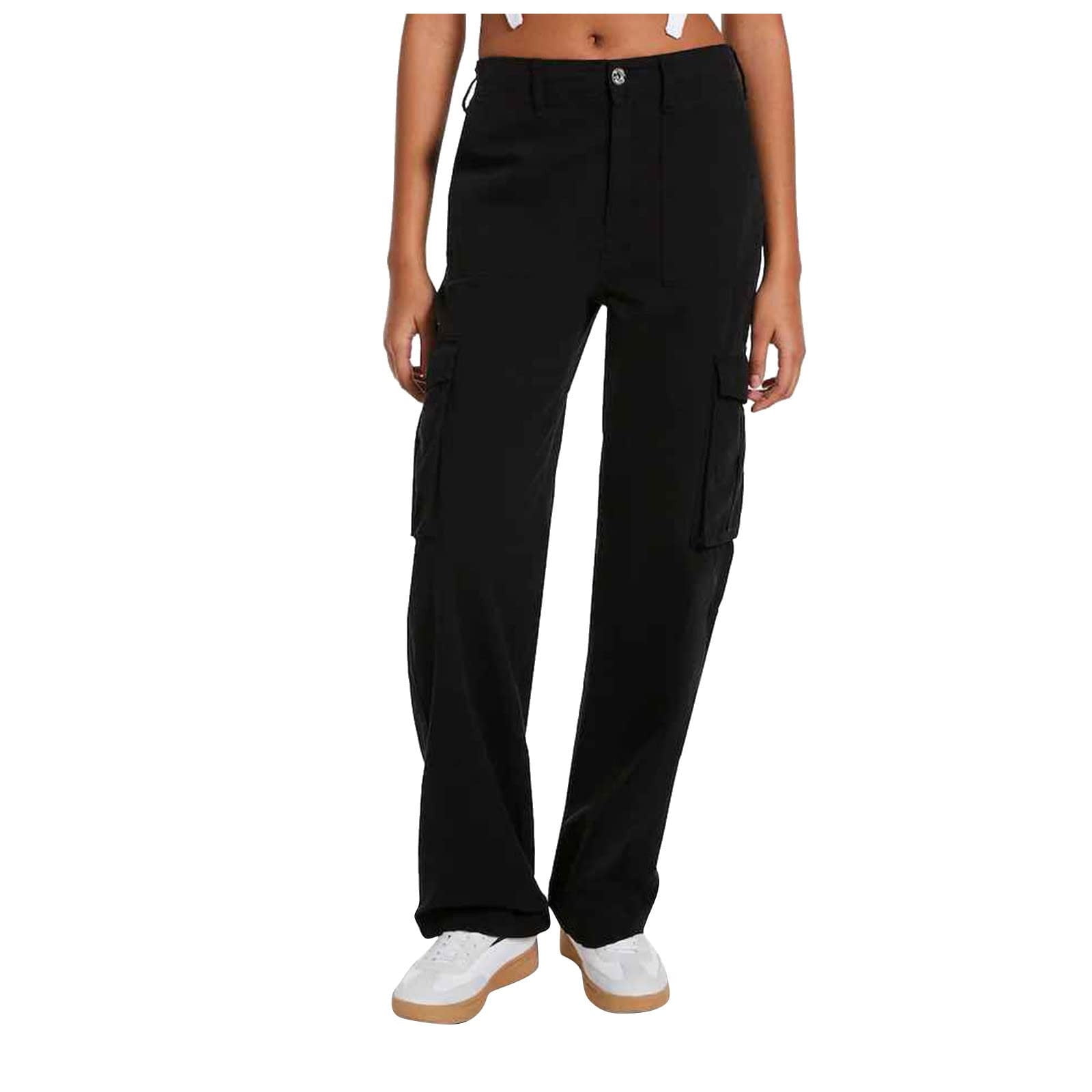 Black Cargo Pants Women Adjustable Straight Fit Cargo Pants High Waist ...