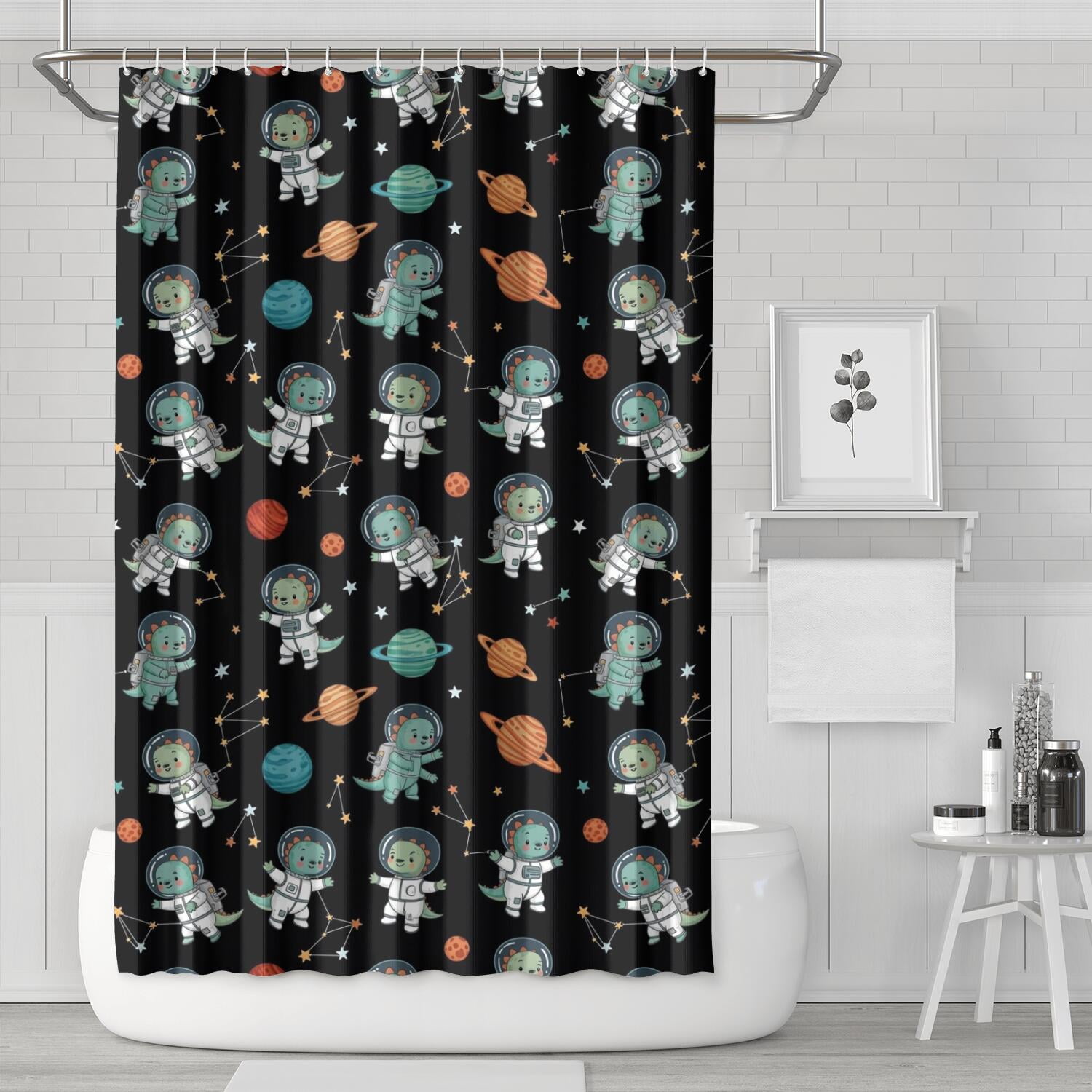 Black Cartoon Astronaut Dinosaurs Planets Pattern Shower Curtain 72"x72 ...