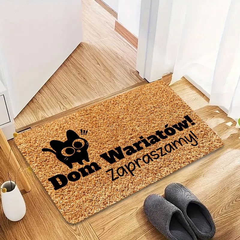 A Black Cartoon Cat Pattern Doormat with The Humorous Polish Phrase ...