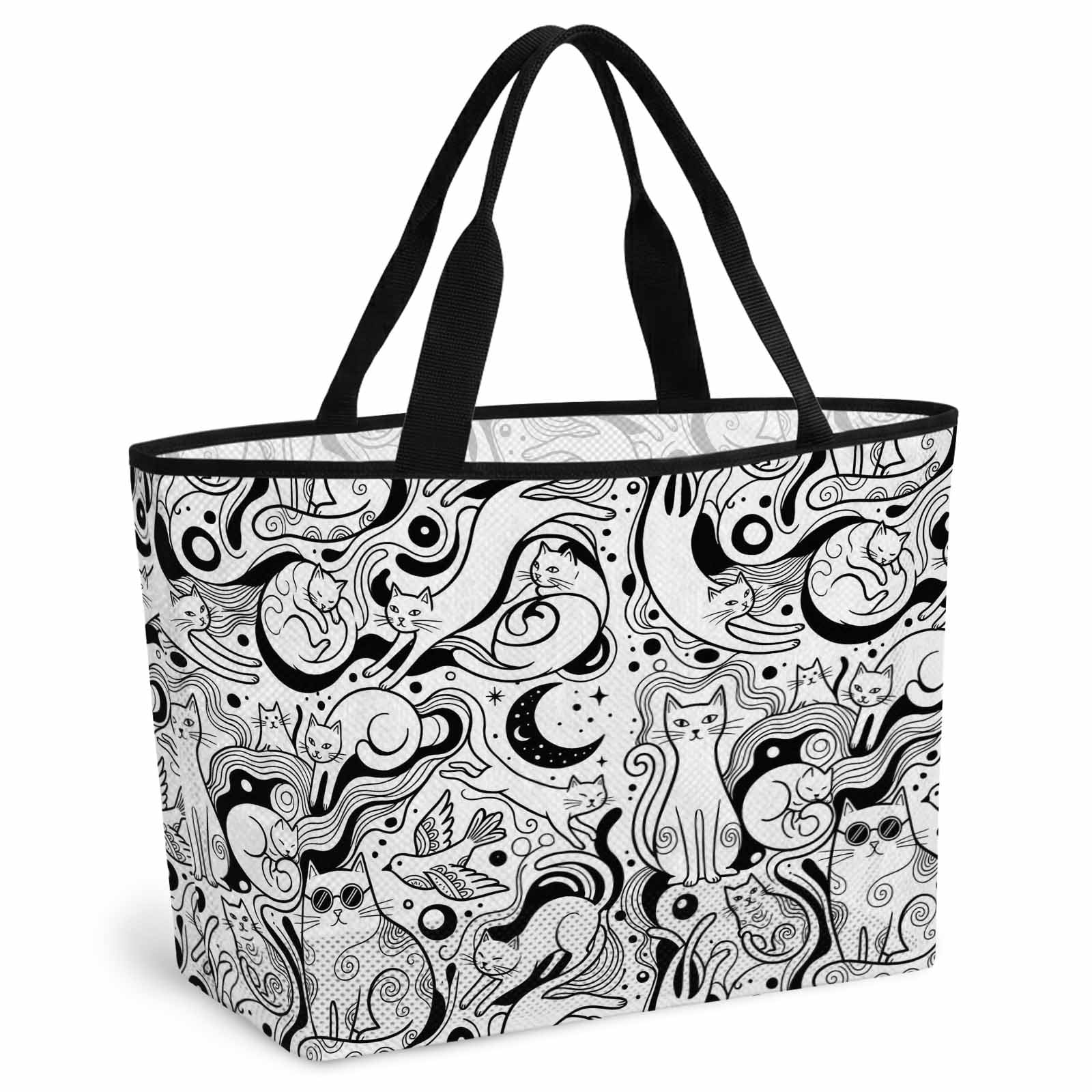 Black Cartoon Cats Beach Bag for Women, Large Breathable Mesh Beach ...
