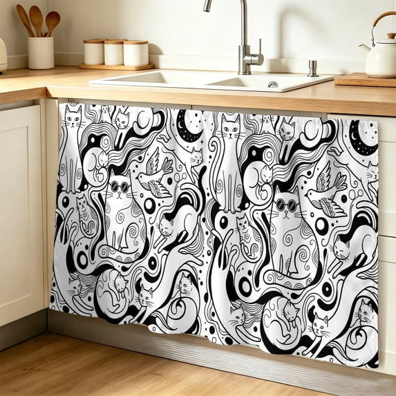 Black Cartoon Cats Cabinet Curtain 28"W x 51"L, Modern Abstract Art ...