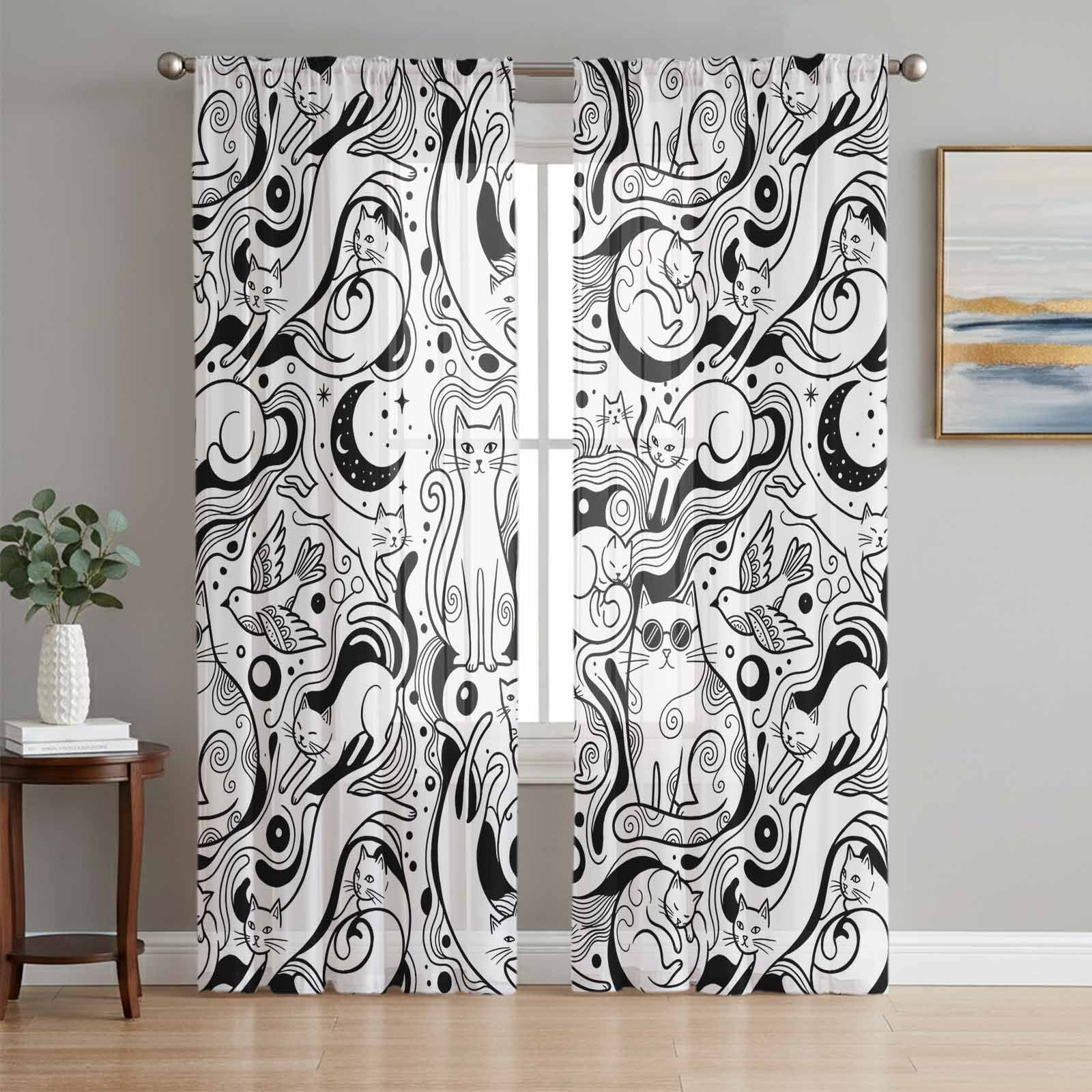 Black Cartoon Cats Sheer Curtains for Living Room Bedroom Modern ...
