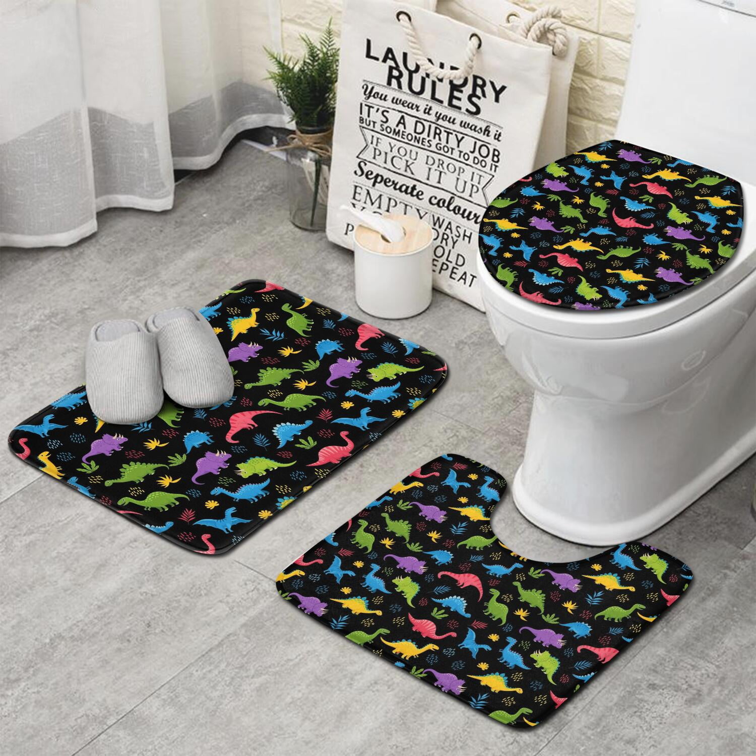 Black Cartoon Colorful Dinosaurs Plants Pattern Bathroom Rugs Sets 3 ...