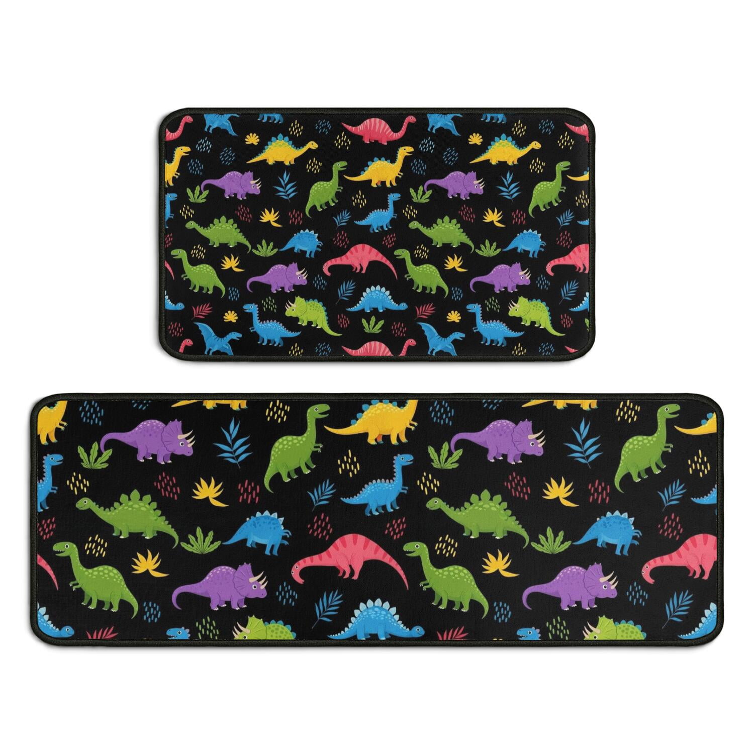 Black Cartoon Colorful Dinosaurs Plants Pattern Kitchen Rugs Sets Of 2,Anti Fatigue Kitchen Mat ...