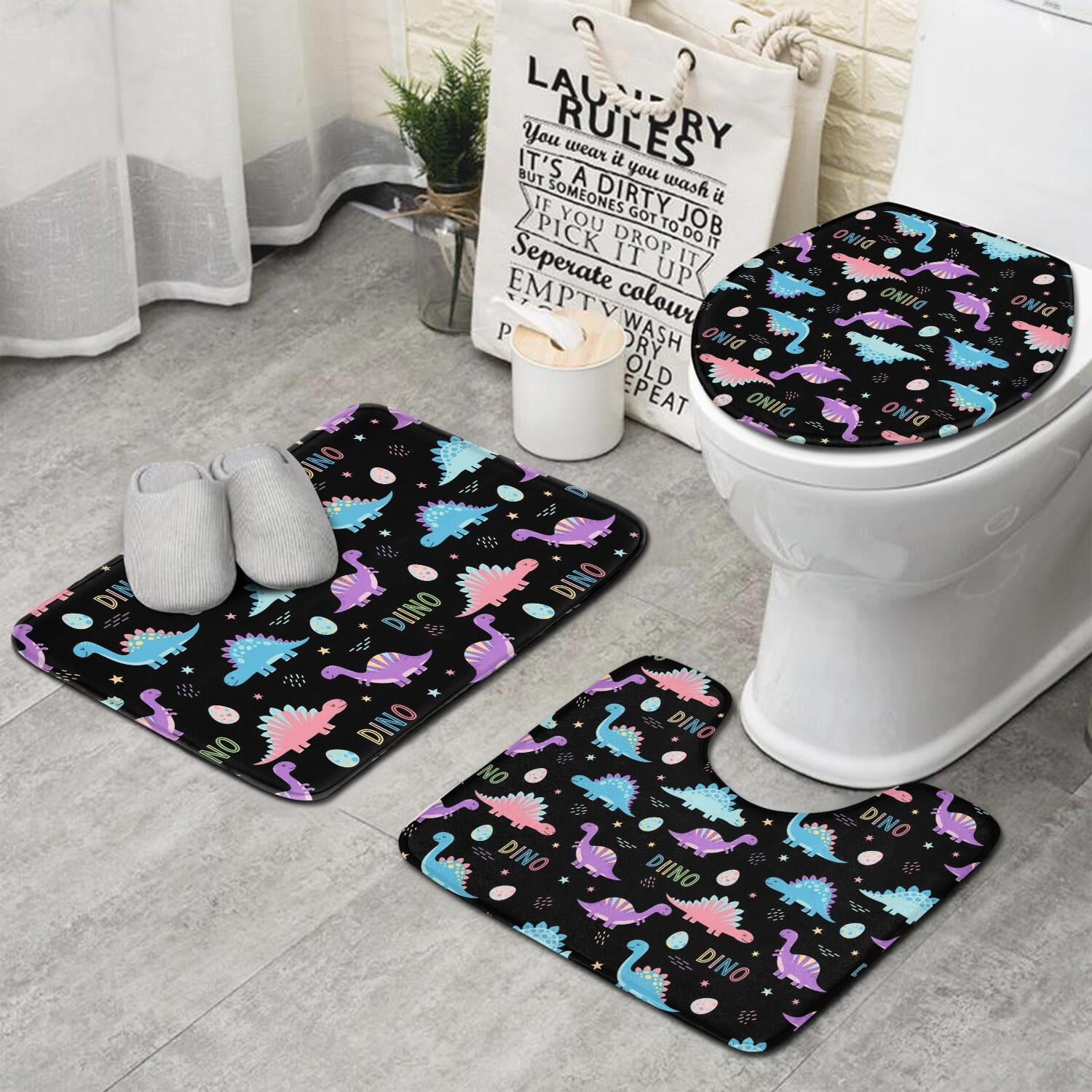 Black Cartoon Dinosaurs Eggs Stars Pattern Bathroom Rugs Sets 3 Piece ...