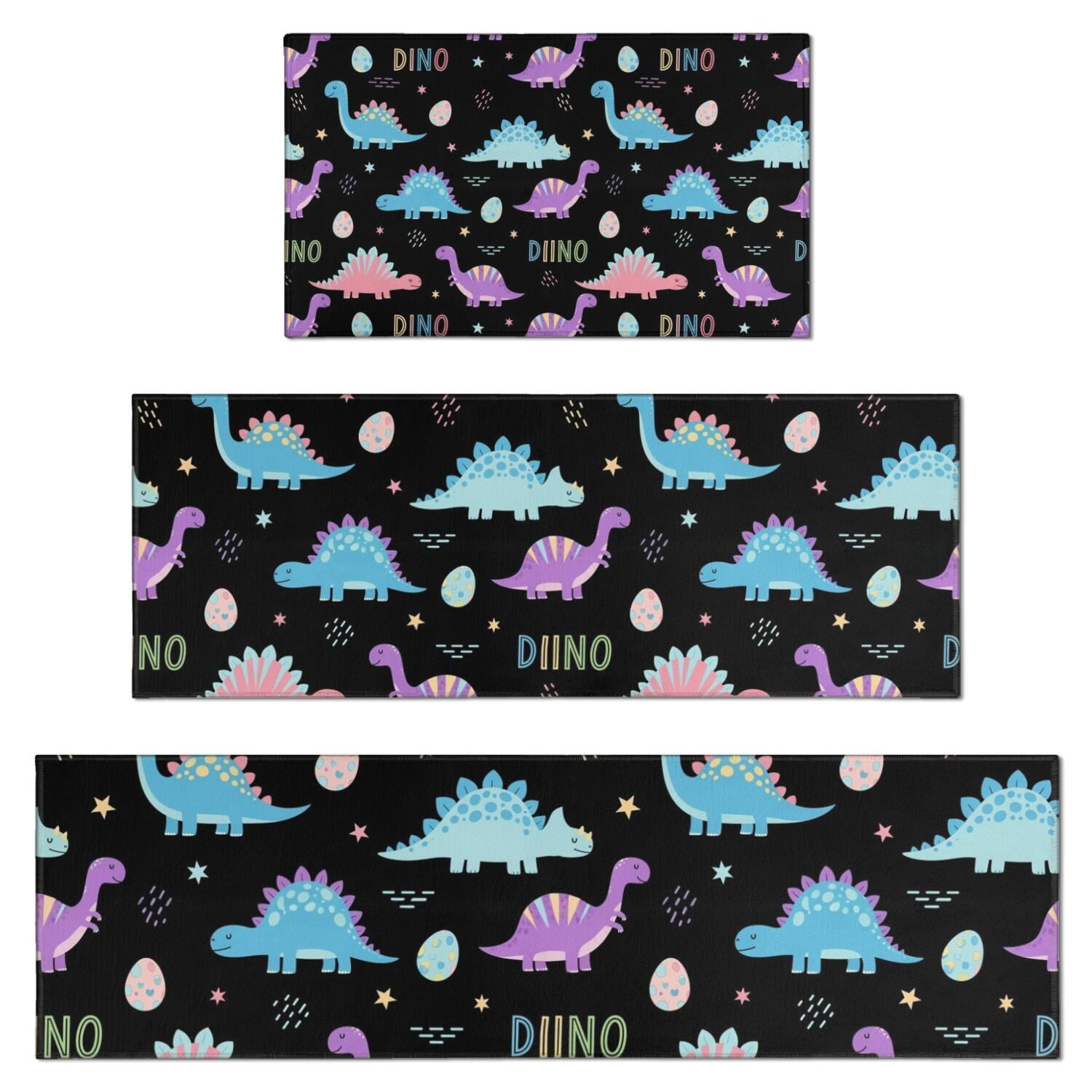 Black Cartoon Dinosaurs Eggs Stars Pattern Kitchen Rugs Sets Of 3 ...