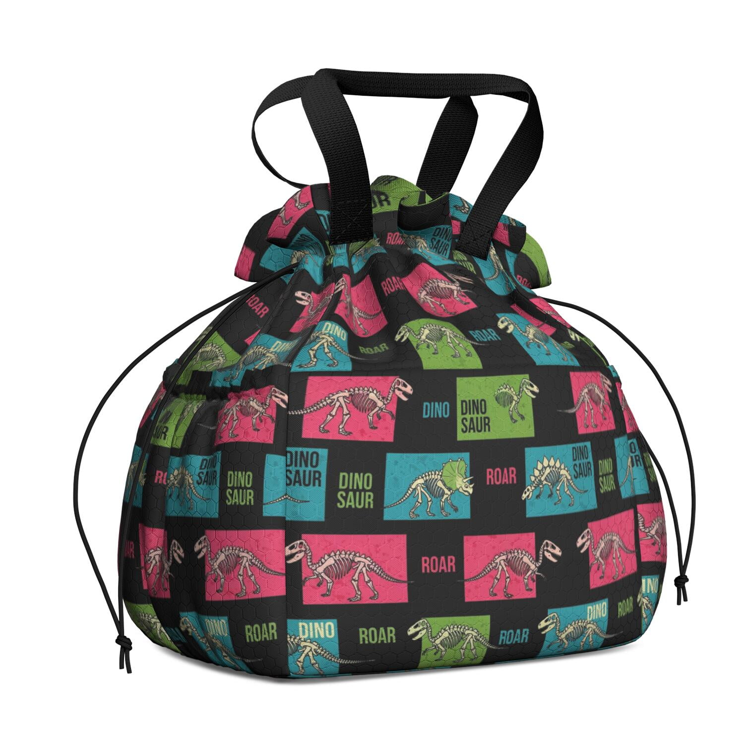 Black Cartoon Dinosaurs Skeletons Boxes Pattern Drawstring Lunch Bag ...