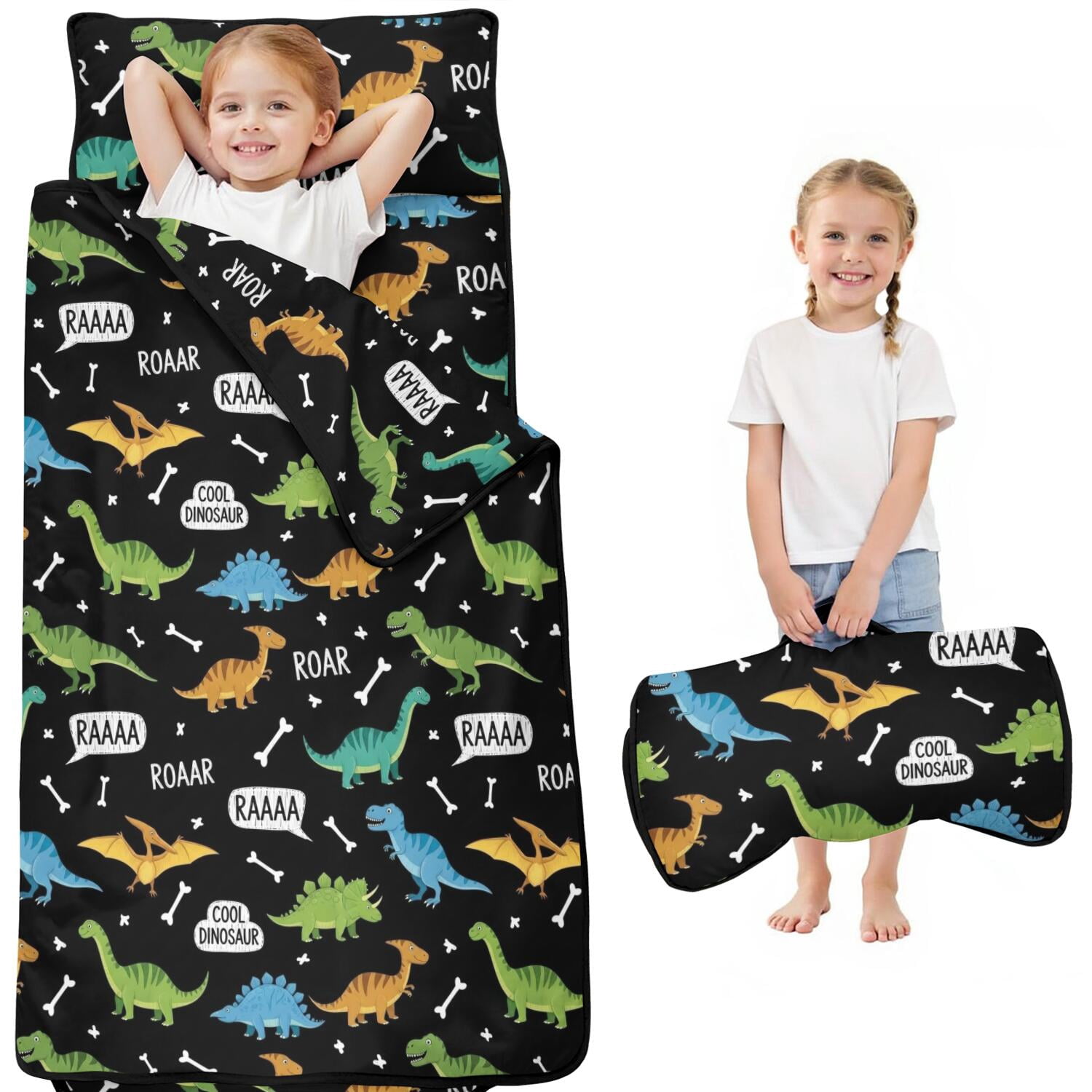 Black Cartoon Dinosaurs Text Pattern Teens Toddler Nap Mat with Pillow ...