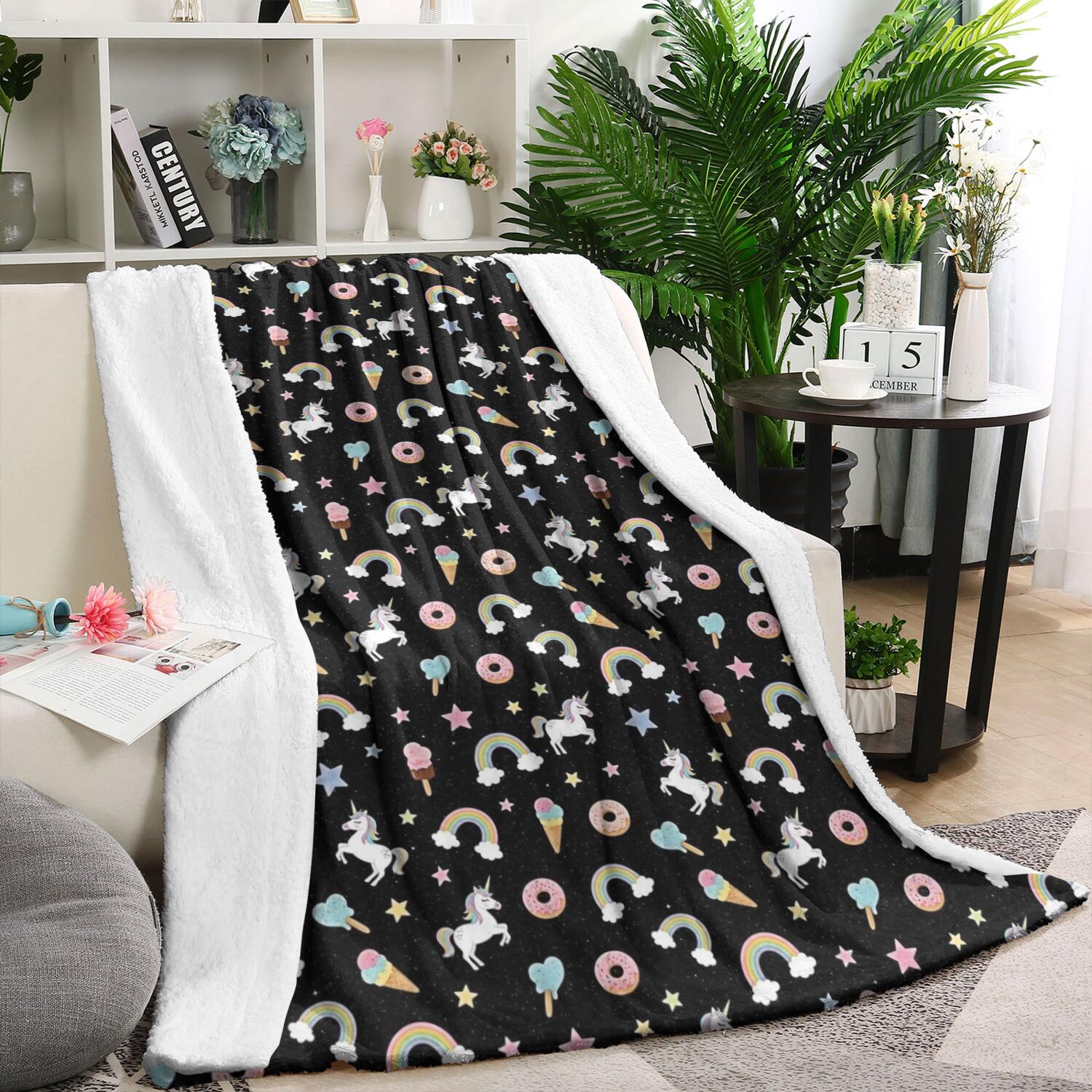 Black Cartoon Unicorn Dessert Rainbow Star Pattern Blanket,Comfortable ...
