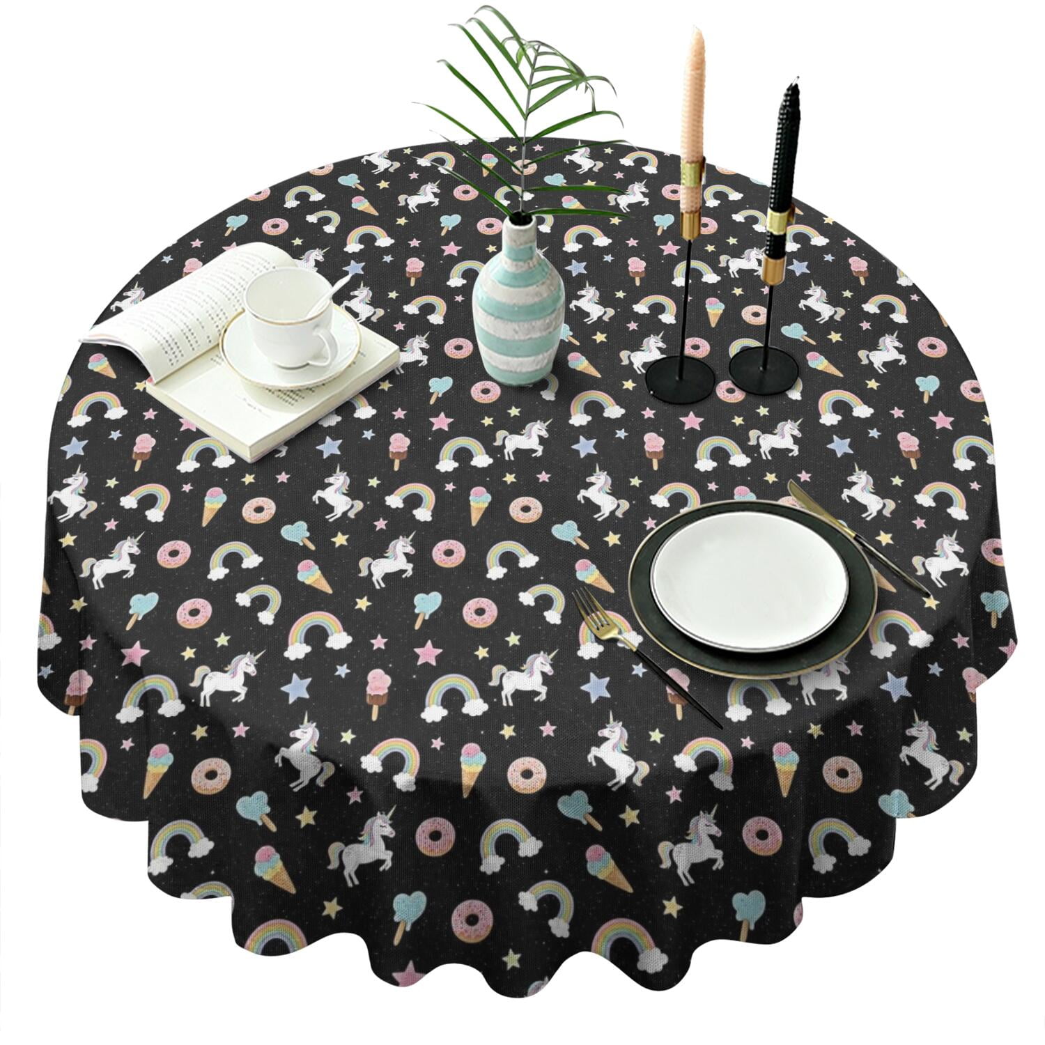 Black Cartoon Unicorn Dessert Rainbow Star Pattern Round Tablecloth 60 ...