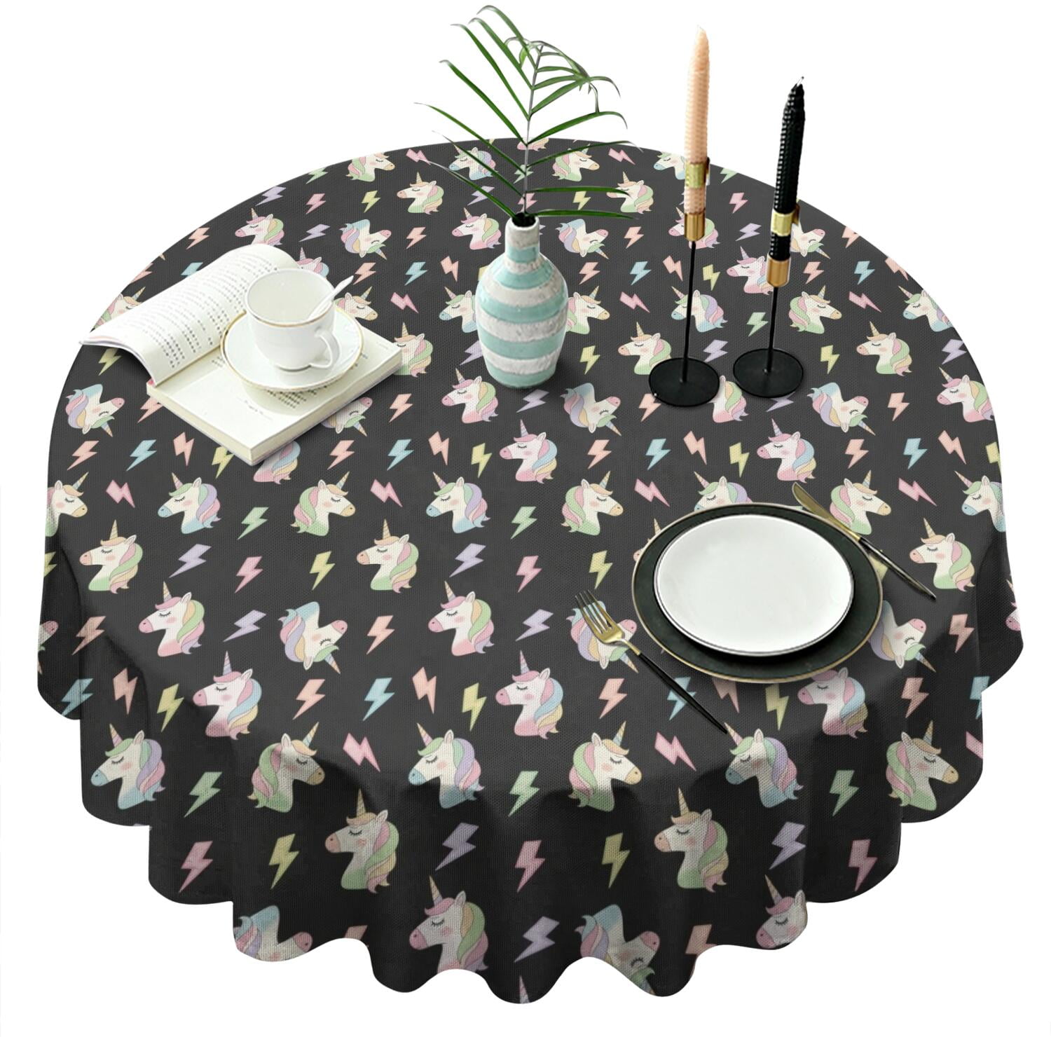 Black Cartoon Unicorn Lightning Pattern Round Tablecloth 60"x60 ...