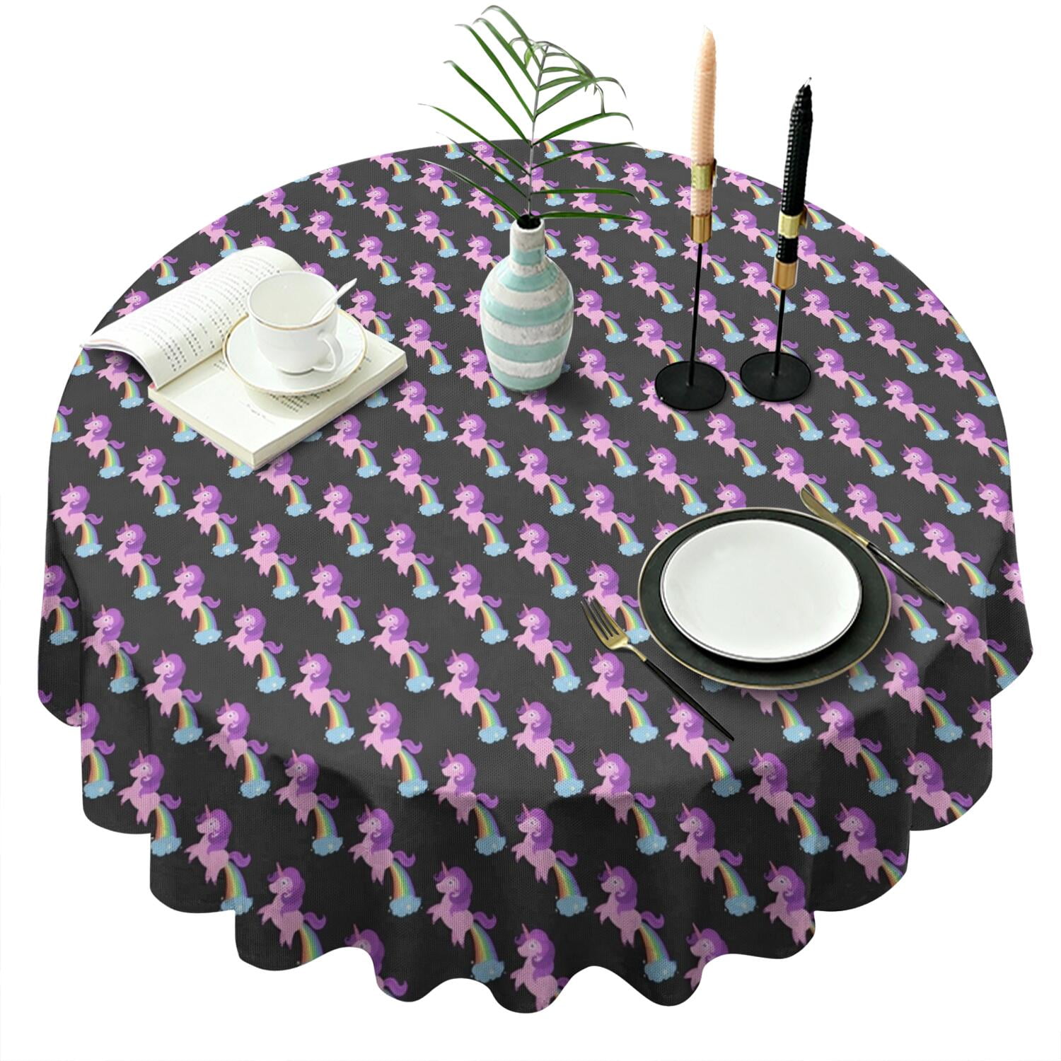 Black Cartoon Unicorn Rainbow Pattern Round Tablecloth 60"x60",Wrinkle ...