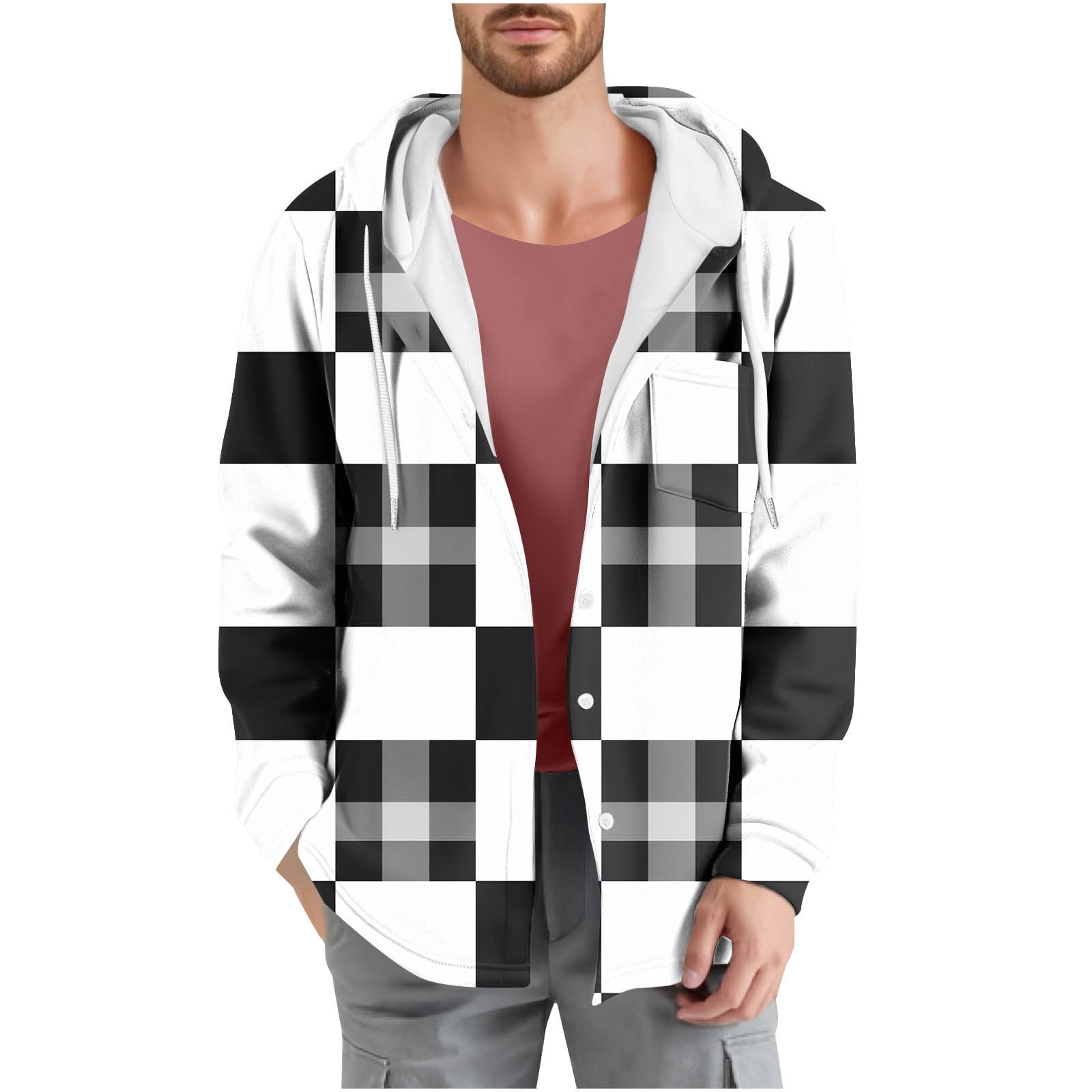 Black Casual Button Hoods for Mens Fall Winter Long Sleeve Graphic ...
