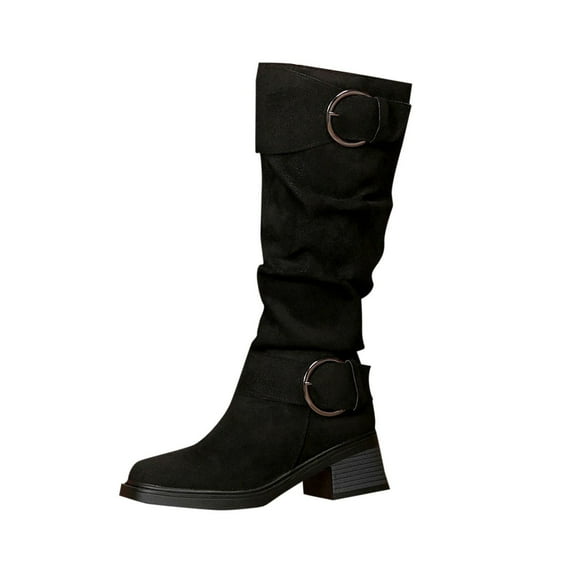 Black Casual Fashion Boots For Women Multi Buckle Detail Mid Calf Block ...