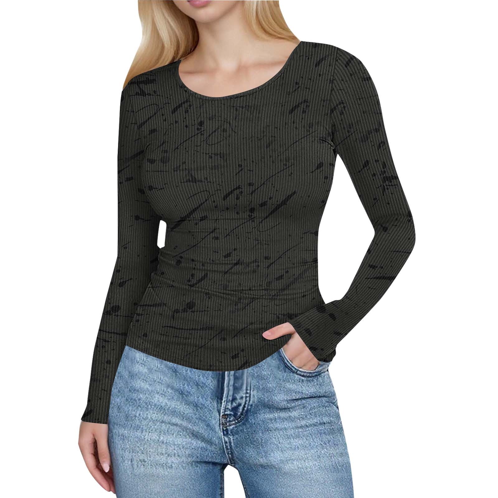 Black Casual Going Out Shirts for Women Summer Fall Long Sleeve Crew ...