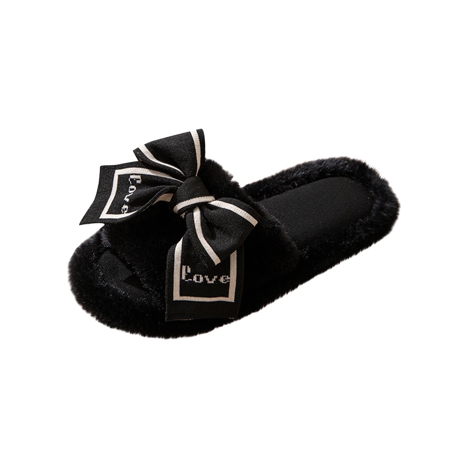 Black Casual Home Slippers With Plus Velvet Warm Bow Slip-On Detailing ...