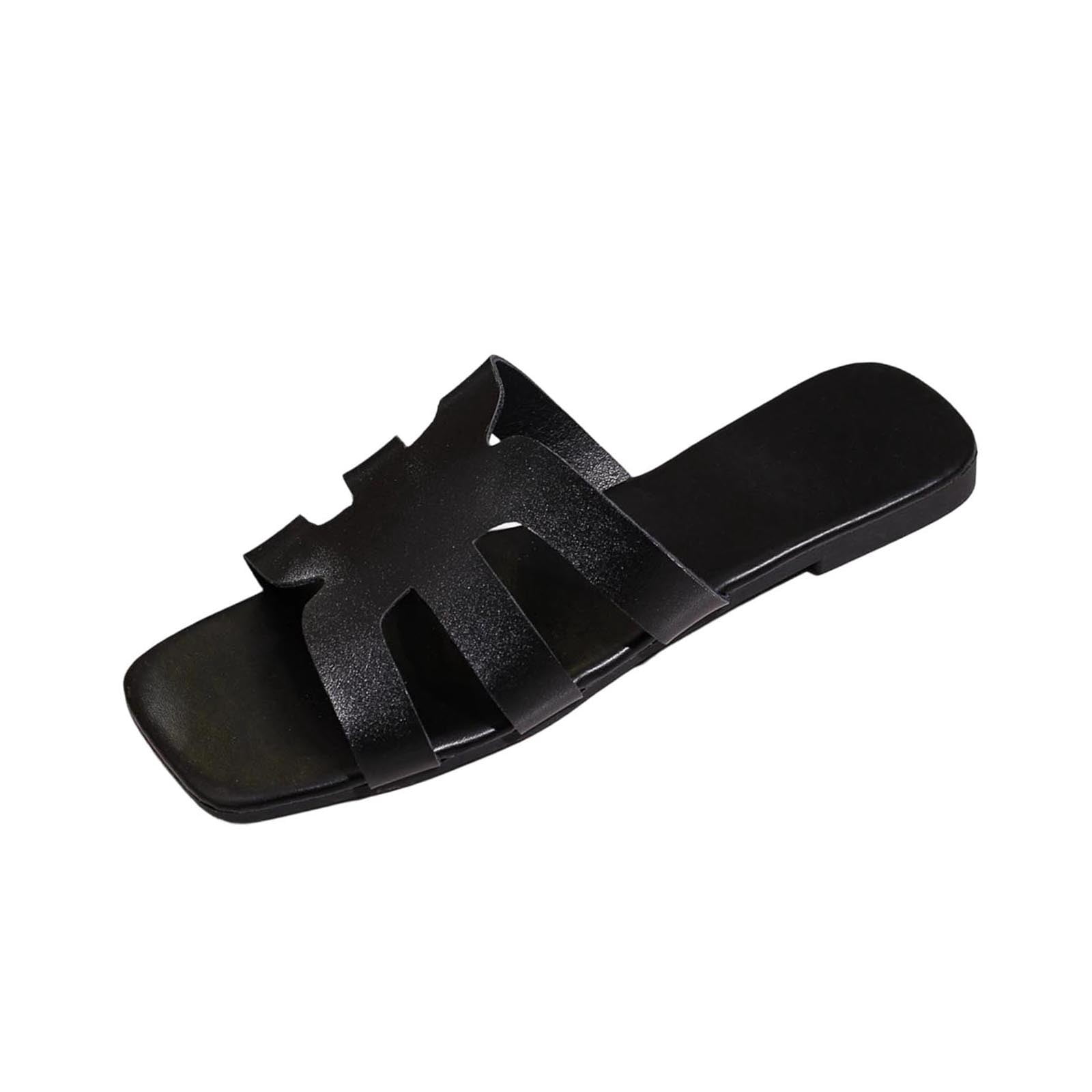 Black Casual Indoor Outdoor Slippers, Ladies' Solid Color Open Toe Flat ...