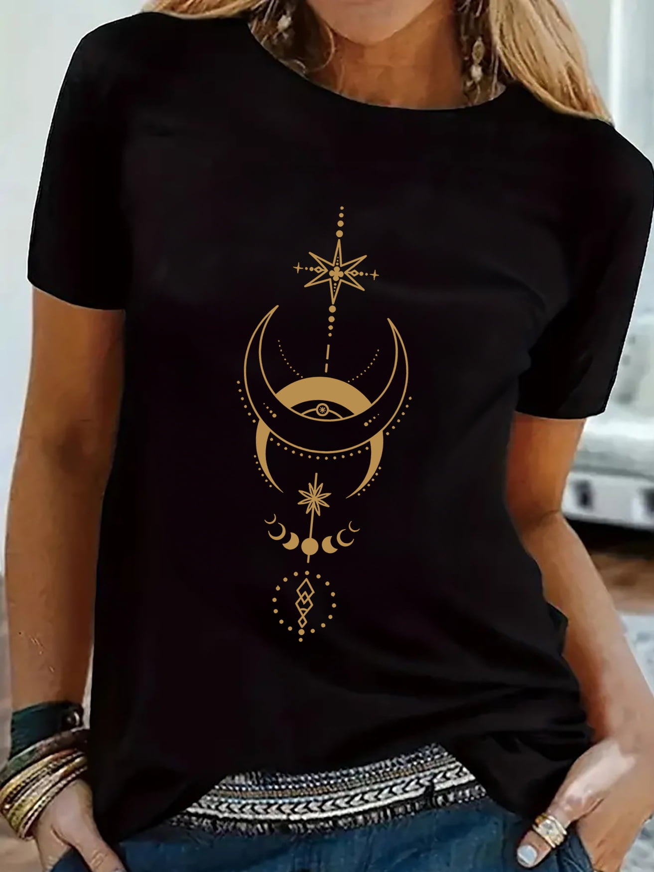 Black Casual Short Sleeve T-Shirt Mystical Wind, Moon, And Printed ...