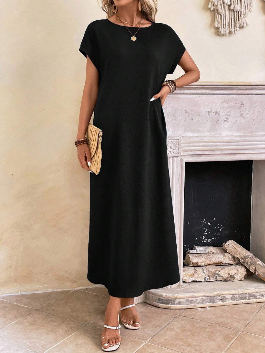 Black Casual Womens Tunic Long Dress With Round Neck, Short Sleeves ...