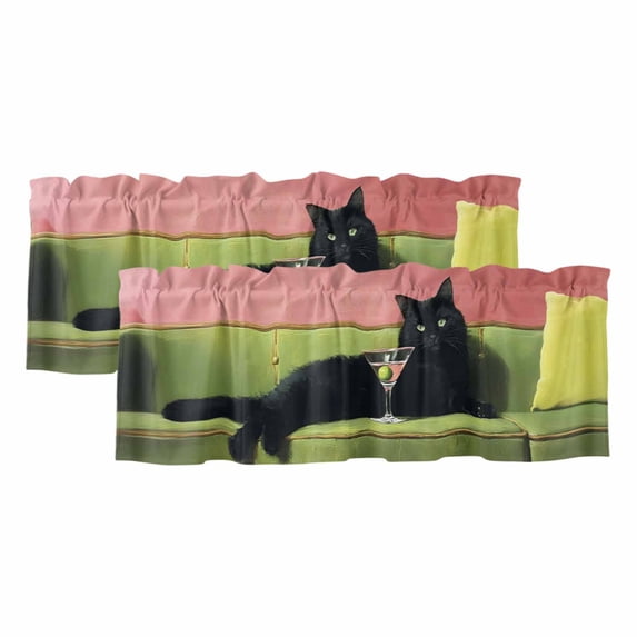 Black Cat 2 Panels Kitchen Valance, Boho Lack Animal Cocktail Party ...
