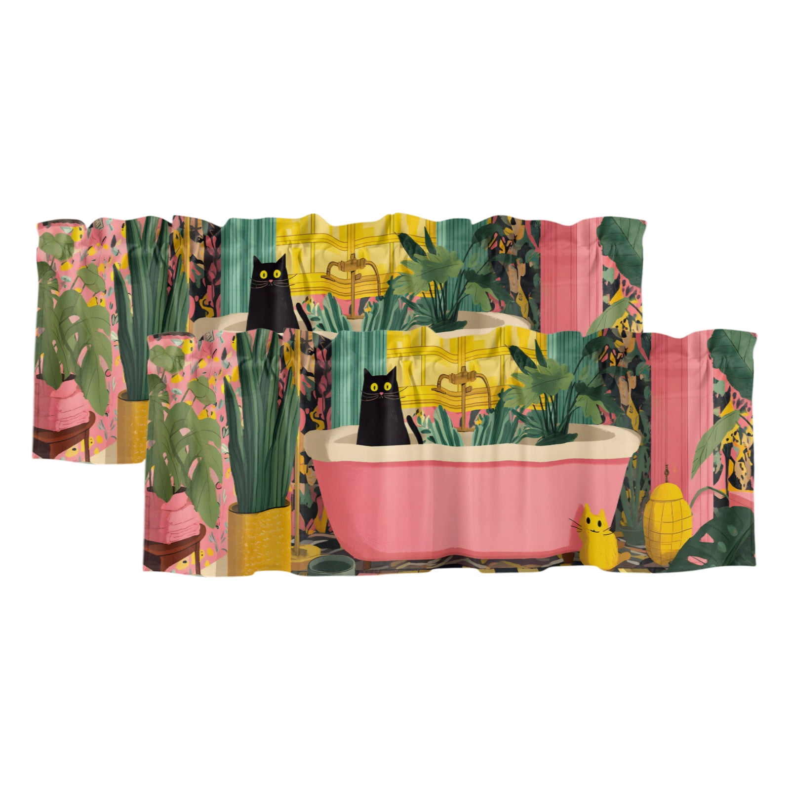 Black Cat 2 Panels Kitchen Valance, Pink Bathtub Green Leaf Whimsical ...