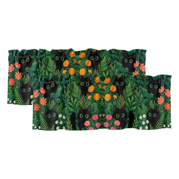 Black Cat 2 Panels Kitchen Valance, Pink Orange Flower Green Grass ...