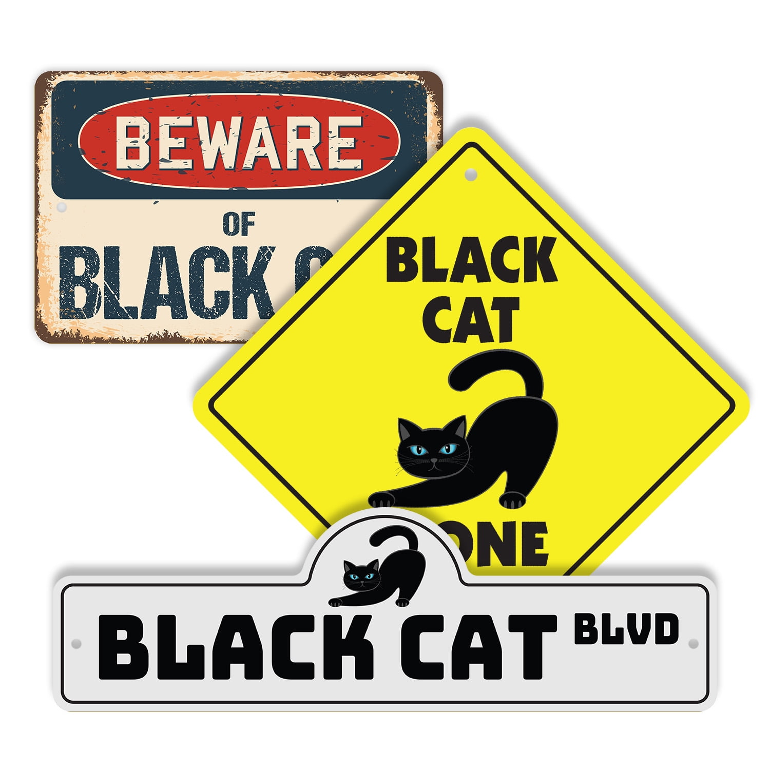 Black Cat (3 Pack) Large Plastic Street Sign Crossing Sign Warning Sign ...