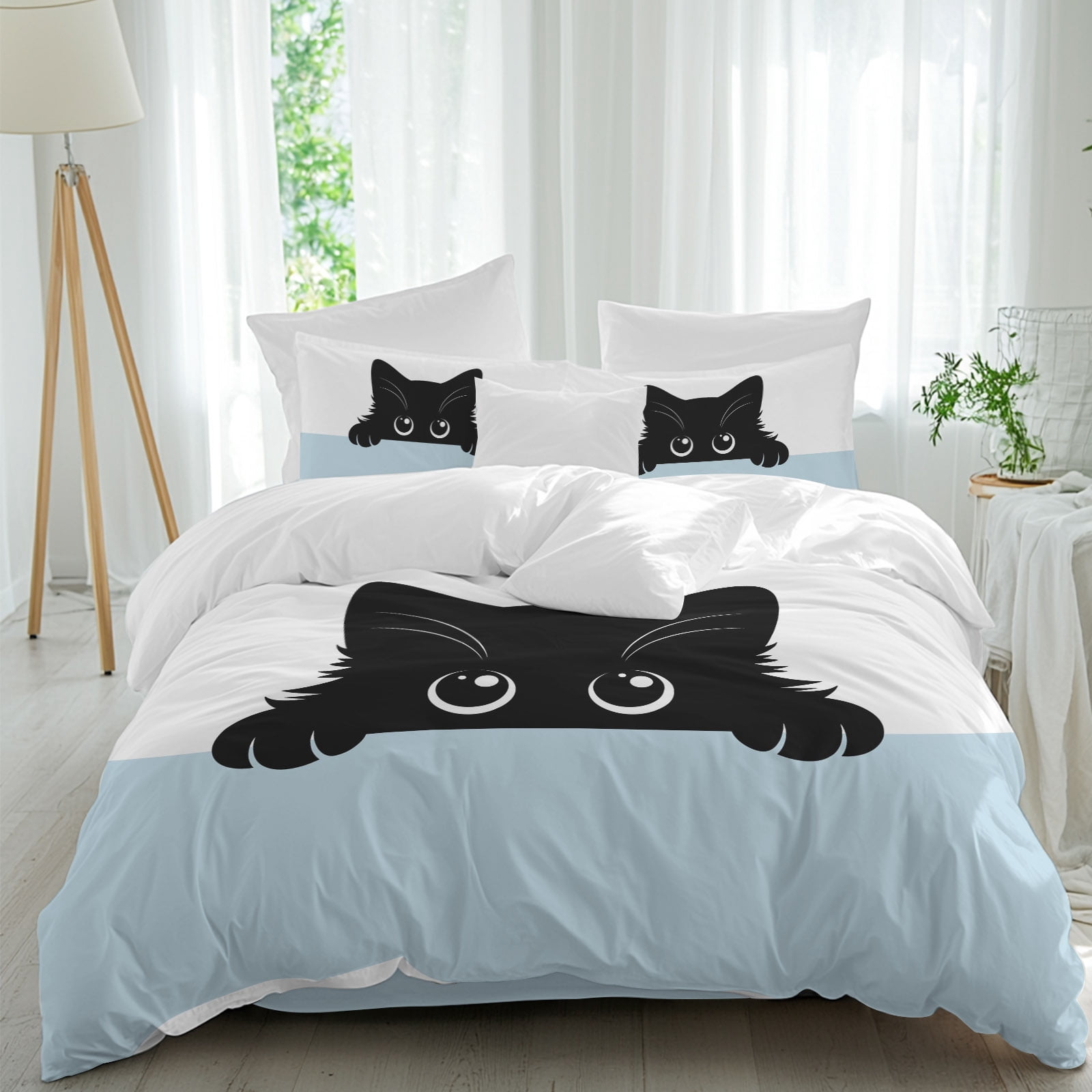 Black Cat 4 Piece Duvet Cover Set Twin Size Cute Cat Cartoon Animal ...