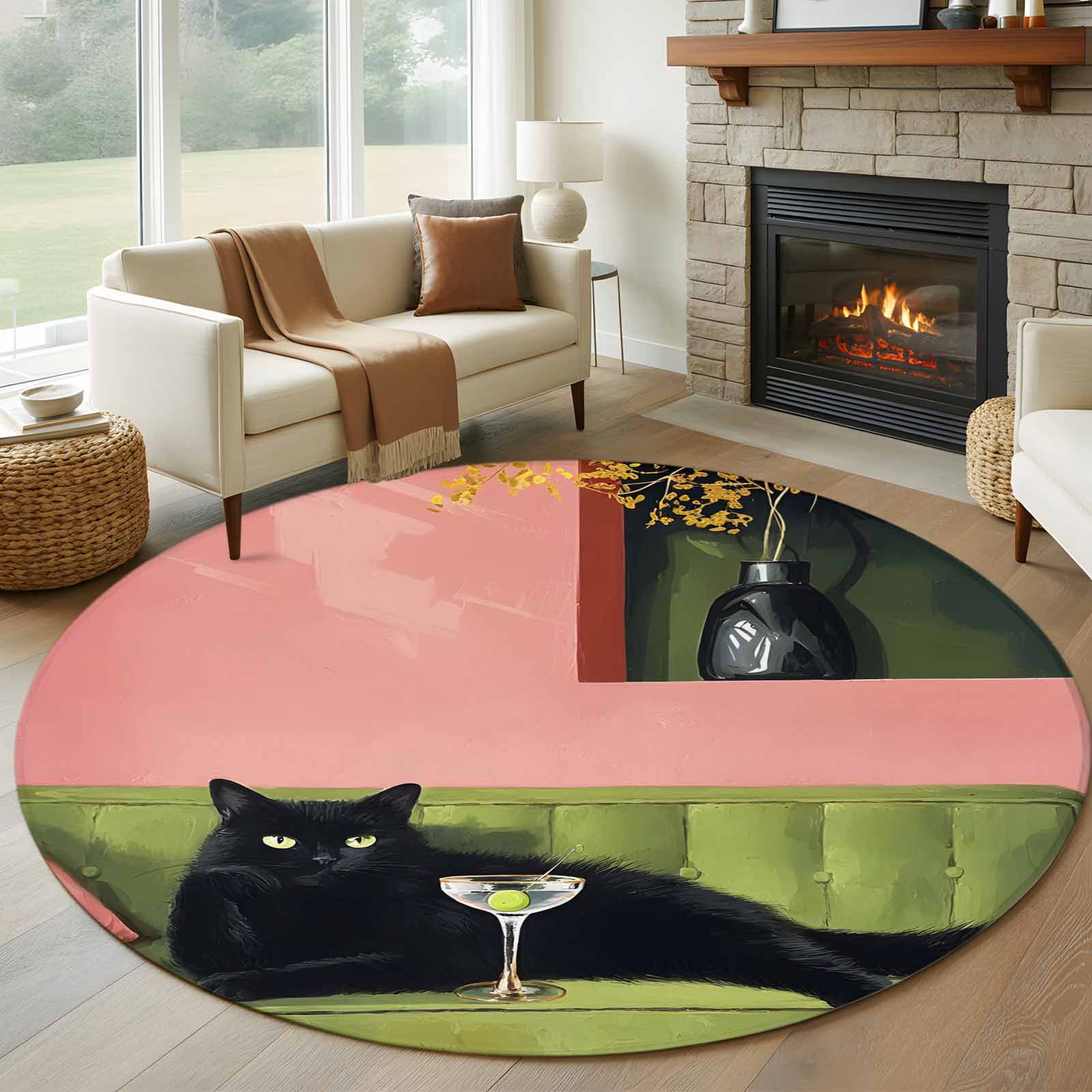Black Cat 7' Round Rug for Living Room Conversation Area, Boho Chic ...