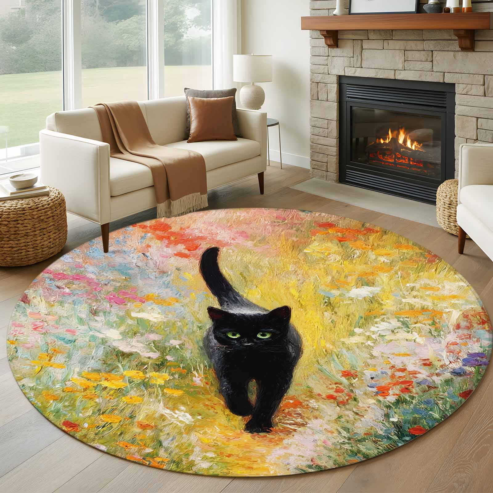 Black Cat 7' Round Rug for Living Room Conversation Area, Colorful ...