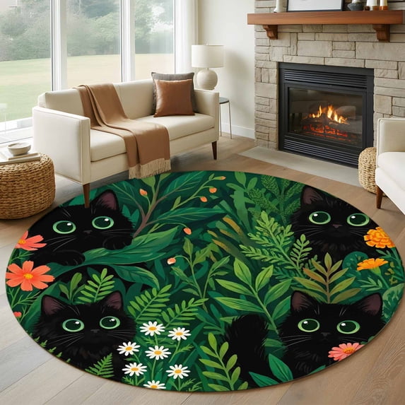 Black Cat 8FT Round Area Rugs for Living Room Pink Orange Flower Green ...