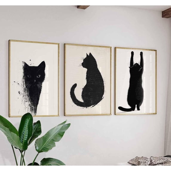 Black Cat Abstract Trio Minimalist Black White Modern Animal Art ...
