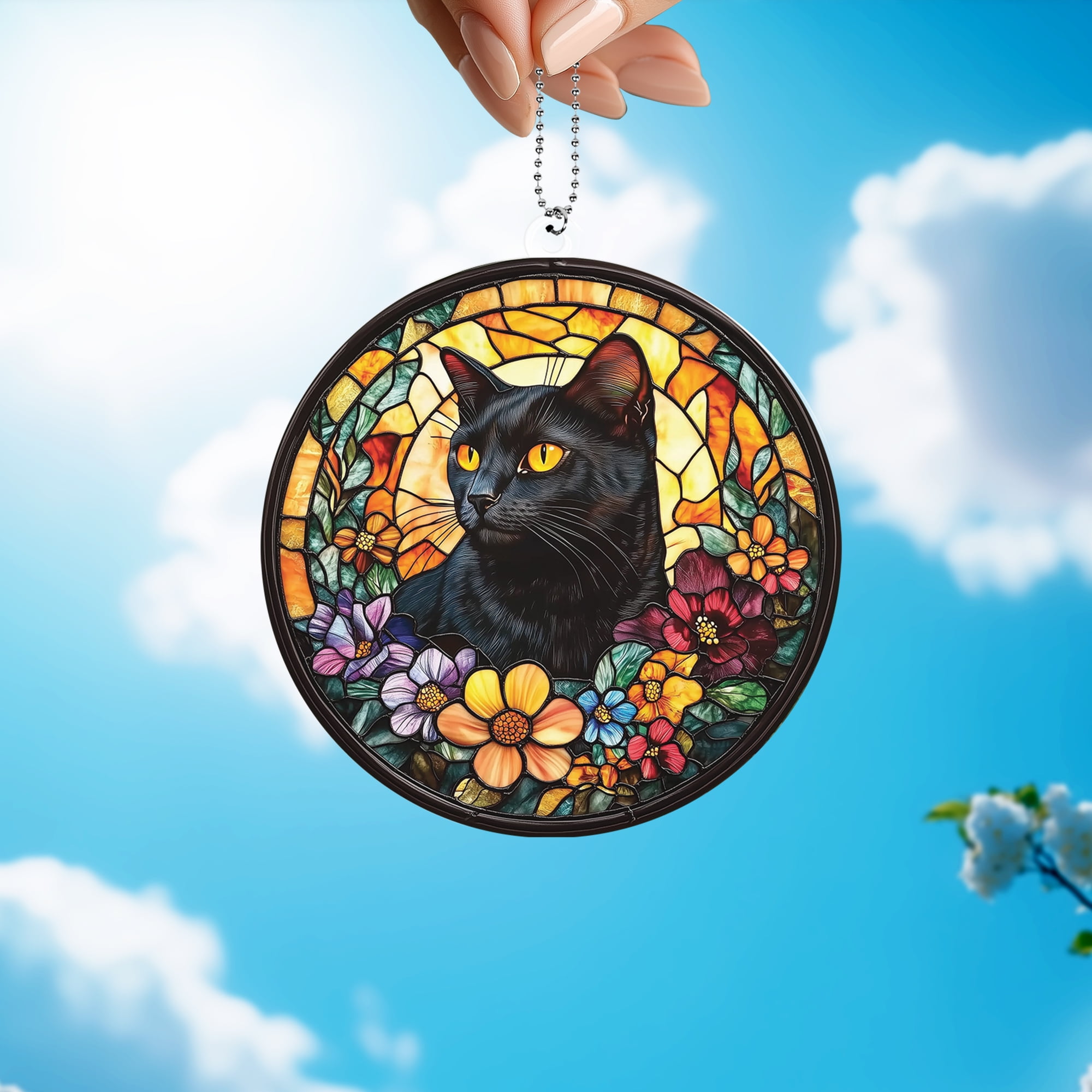 Black Cat Acrylic Window Hanging with Flowers, Stained Glass Style ...