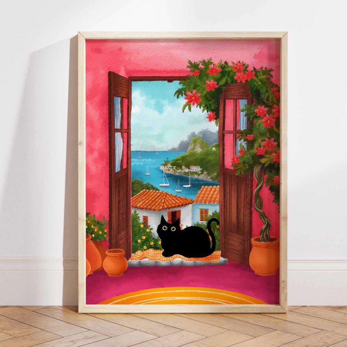 Black Cat Amalfi Coast View Open Window Wall Picture Unframed Paper ...