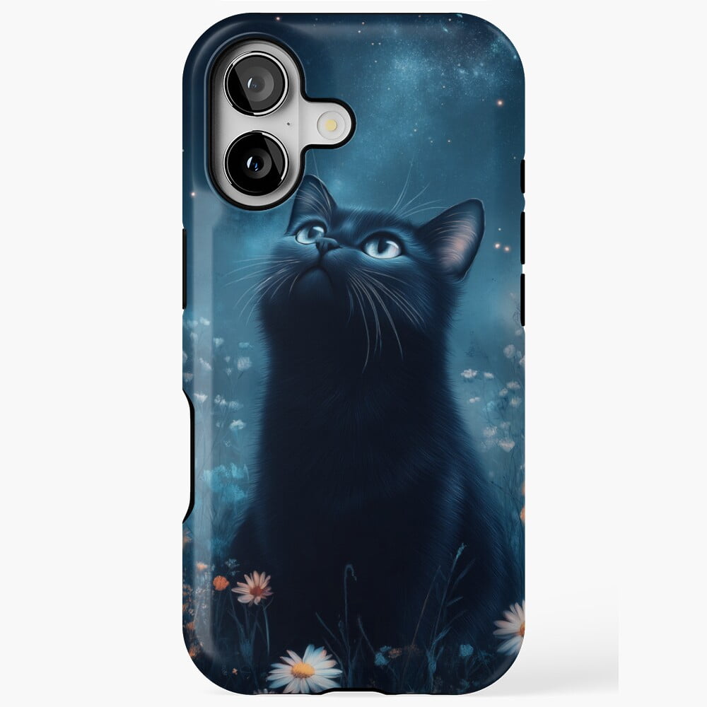 Black Cat Amidst Moonlit Wildflowers iPhone Case 17 11 12 13 14 15 16 ...