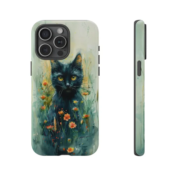 Black Cat Among Flowers Green Nature Case for iPhone 17 11 12 13 14 15 ...